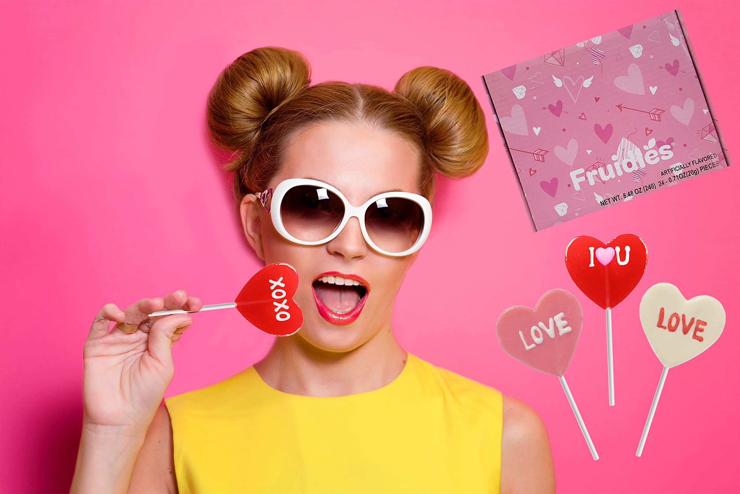 Fruidles Valentine's Day Lollipop Sucker, Red Lips, Be Mine & Love You Heart Suckers, Individually Wrapped (24-Pack)
