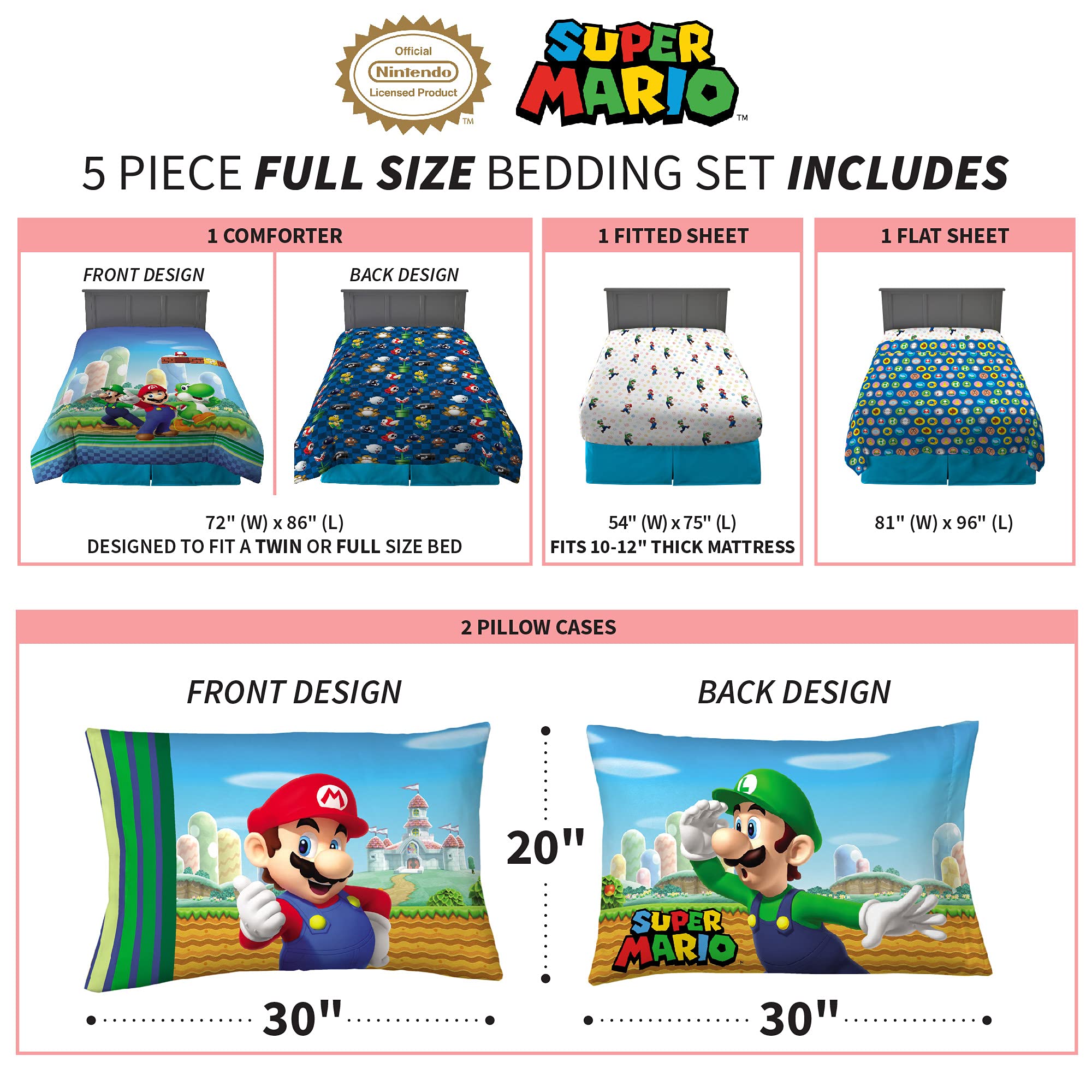 Franco Kids Bedding Super Soft Comforter and Sheet Set, (5 Piece) Full Size, Mario