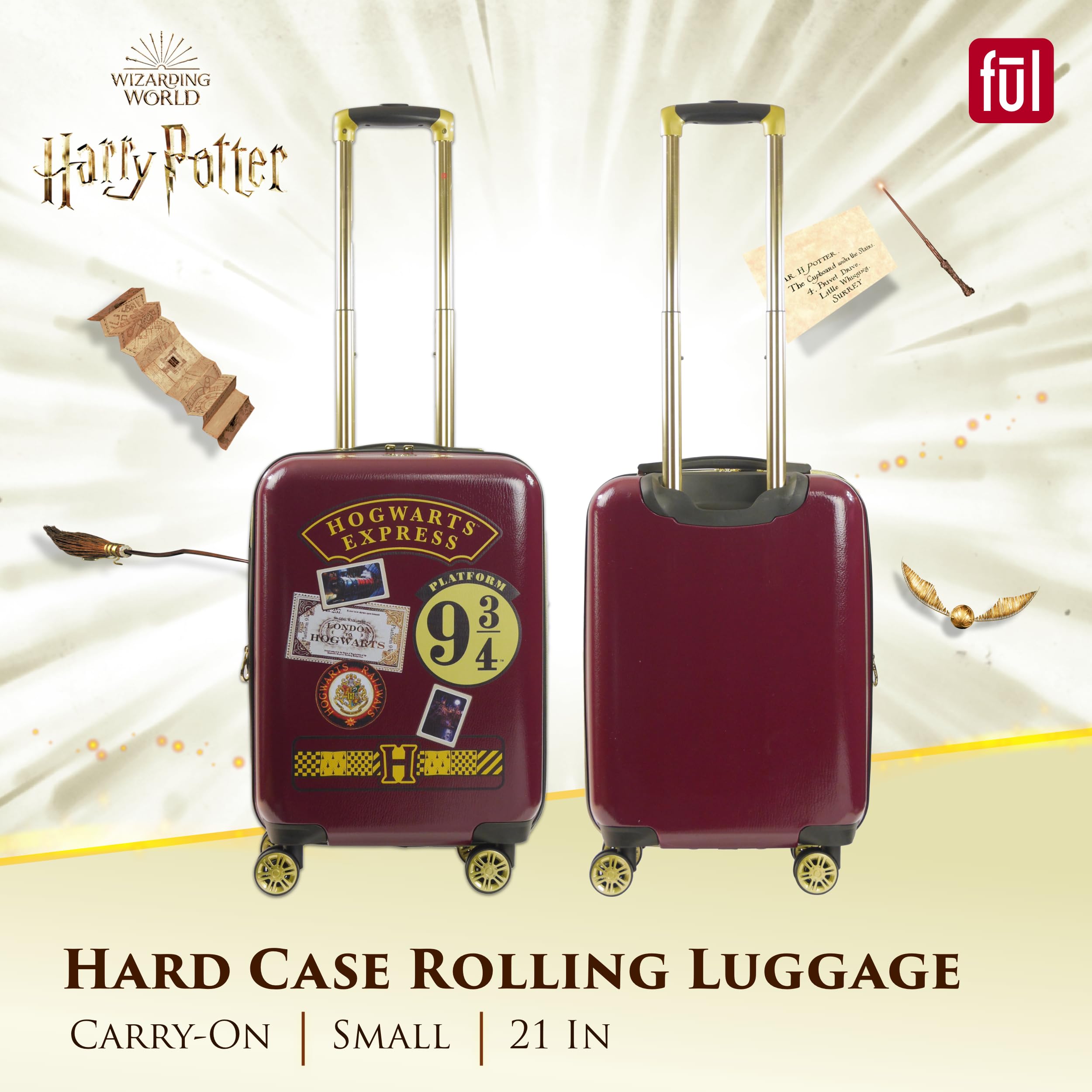 FUL Harry Potter 21 Inch Carry On Luggage, Hogwarts Express Hardshell Rolling Suitcase with Spinner Wheels, Black