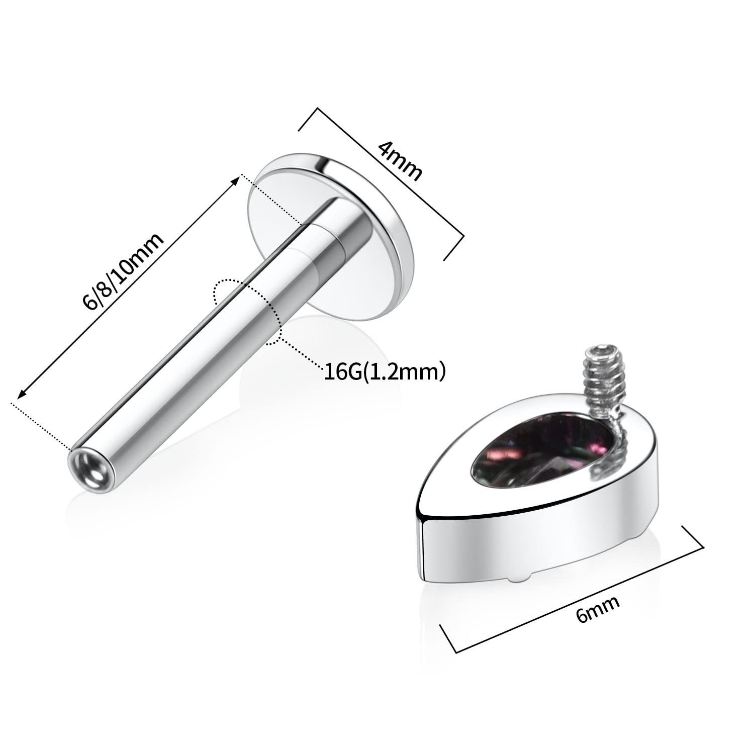 GAGABODY Labret Studs 16g Internally Threaded Labret G23 Titanium Labret Jewelry Silver 16G Monroe Jewelry White Opal Helix Cartilage Tragus Monroe 6mm ABCZ Lip Studs Earring Piercing