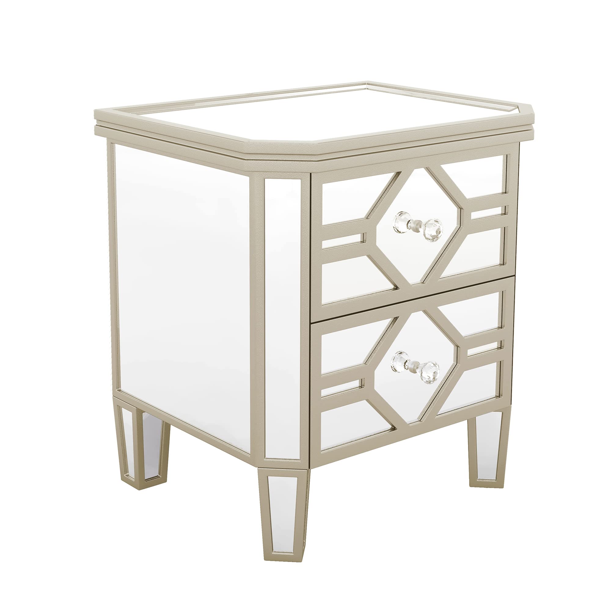 FOURBF Elegant Mirrored 2-Drawer Nightstand with Golden Lines, Side Table for Living Room, Hallway, Entryway