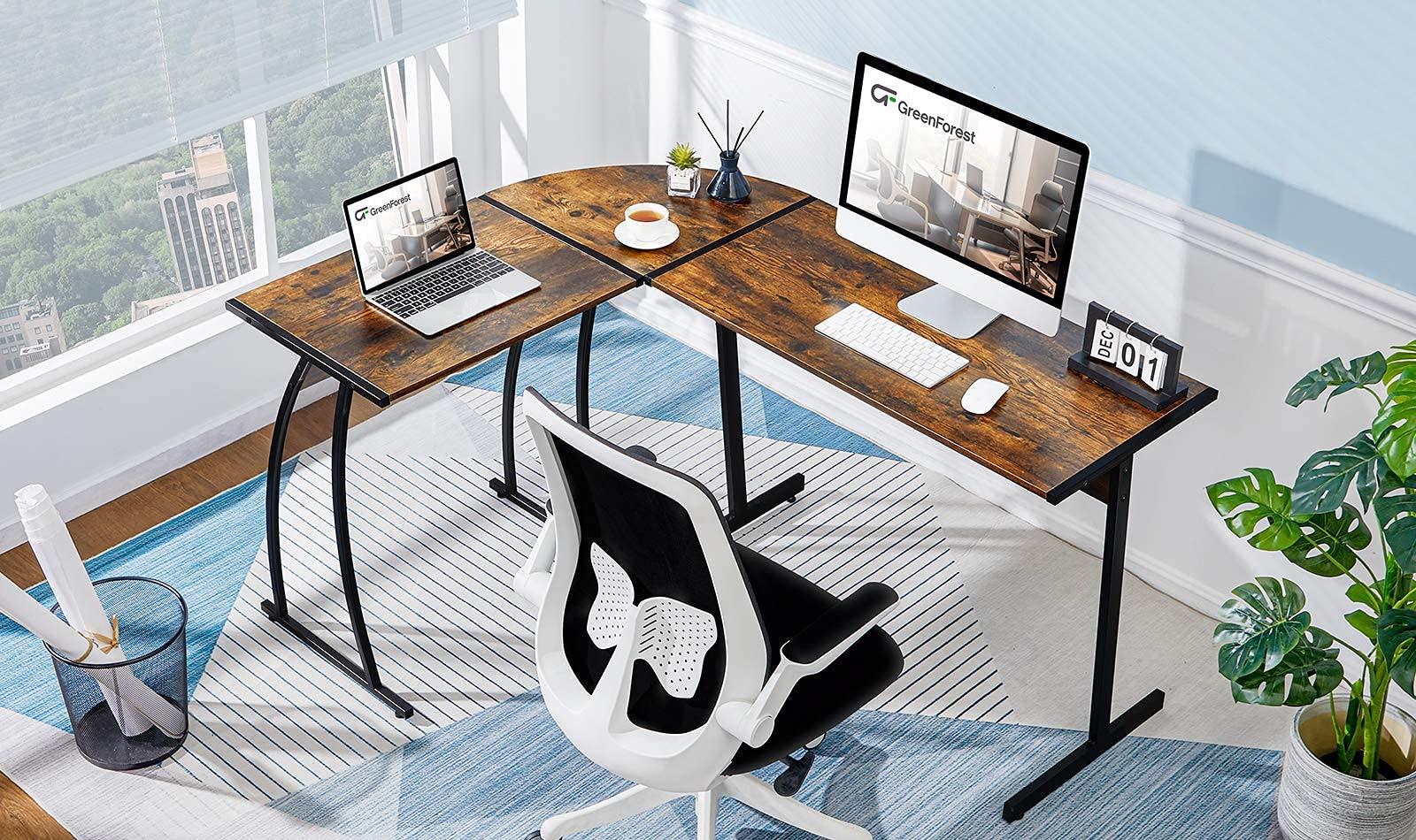 GreenForest L Shaped Gaming Desk 58.1 inch, L-Shape Corner Computer Table, Writing Studying PC Laptop Workstation 3-Piece for Home Office Bedroom Living Room, Rustic Brown
