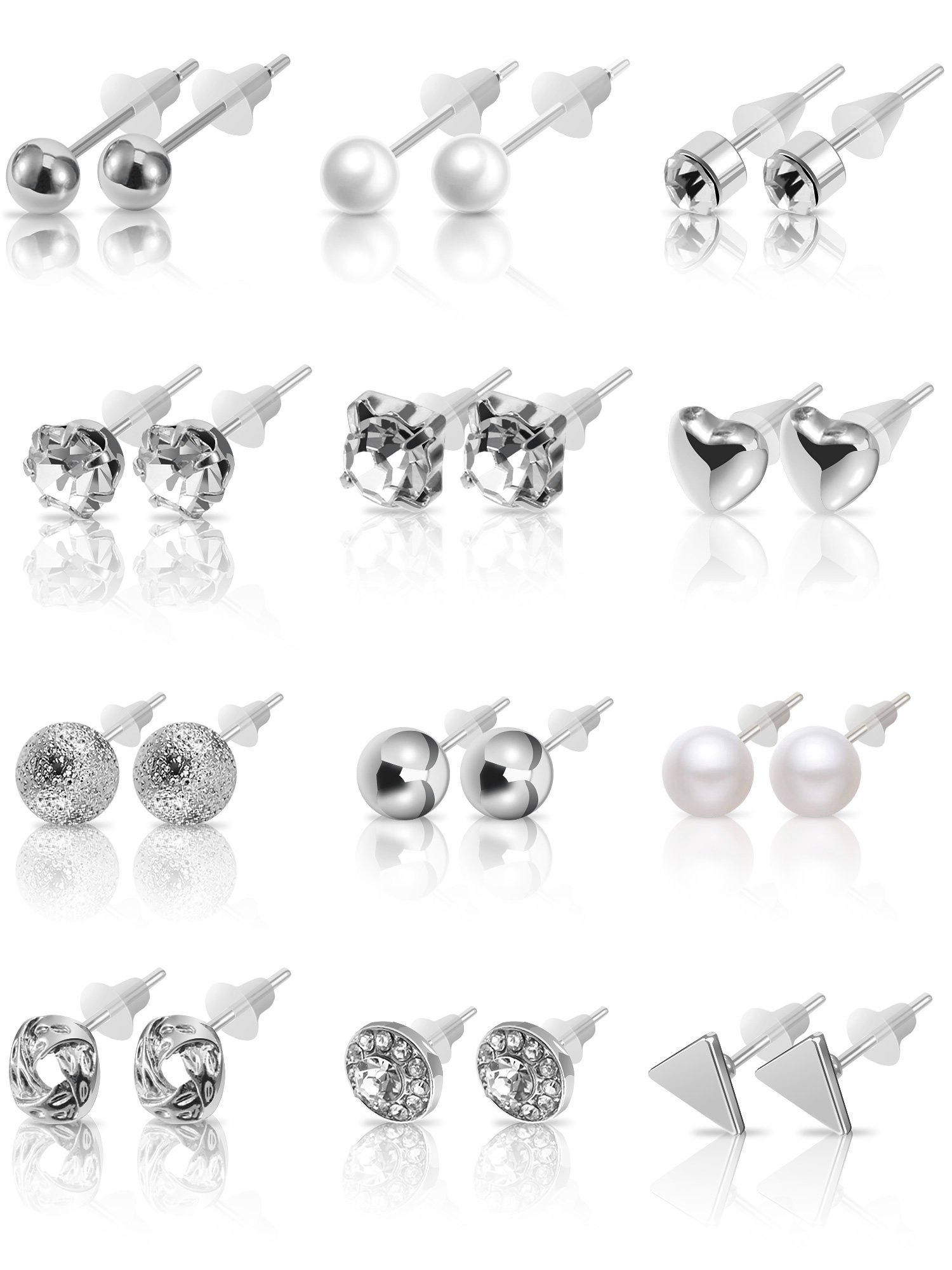 Frienda 30 Pairs Stud Earrings Multiple Earring Fake Crystal Pearl Earring Set (Silver)