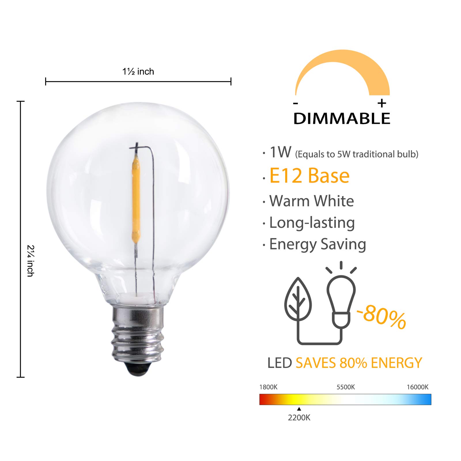 G40 Low Voltage Replacement Light Bulbs, 3V 1W Shatterproof Clear Globe bulb fits E12 C7 Candelabra Screw Base Sockets, 1.5 Inch Dimmable Light Bulbs for G40 Solar String Lights, Pack of 25