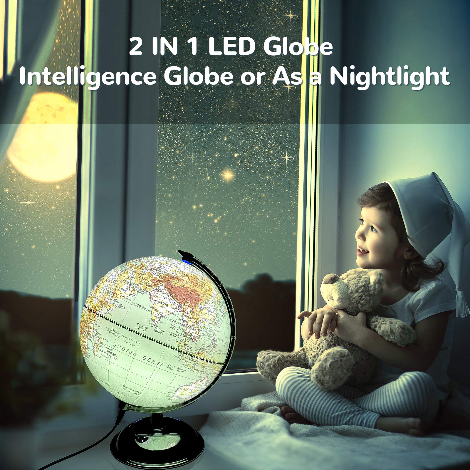Globe for Kids Learning, 8 Inchs Relief Interactive World Globe Illuminated Night Light Built-in LED Decor Discovery World Educational Toys for Cafe Home and Office Decoration Gift