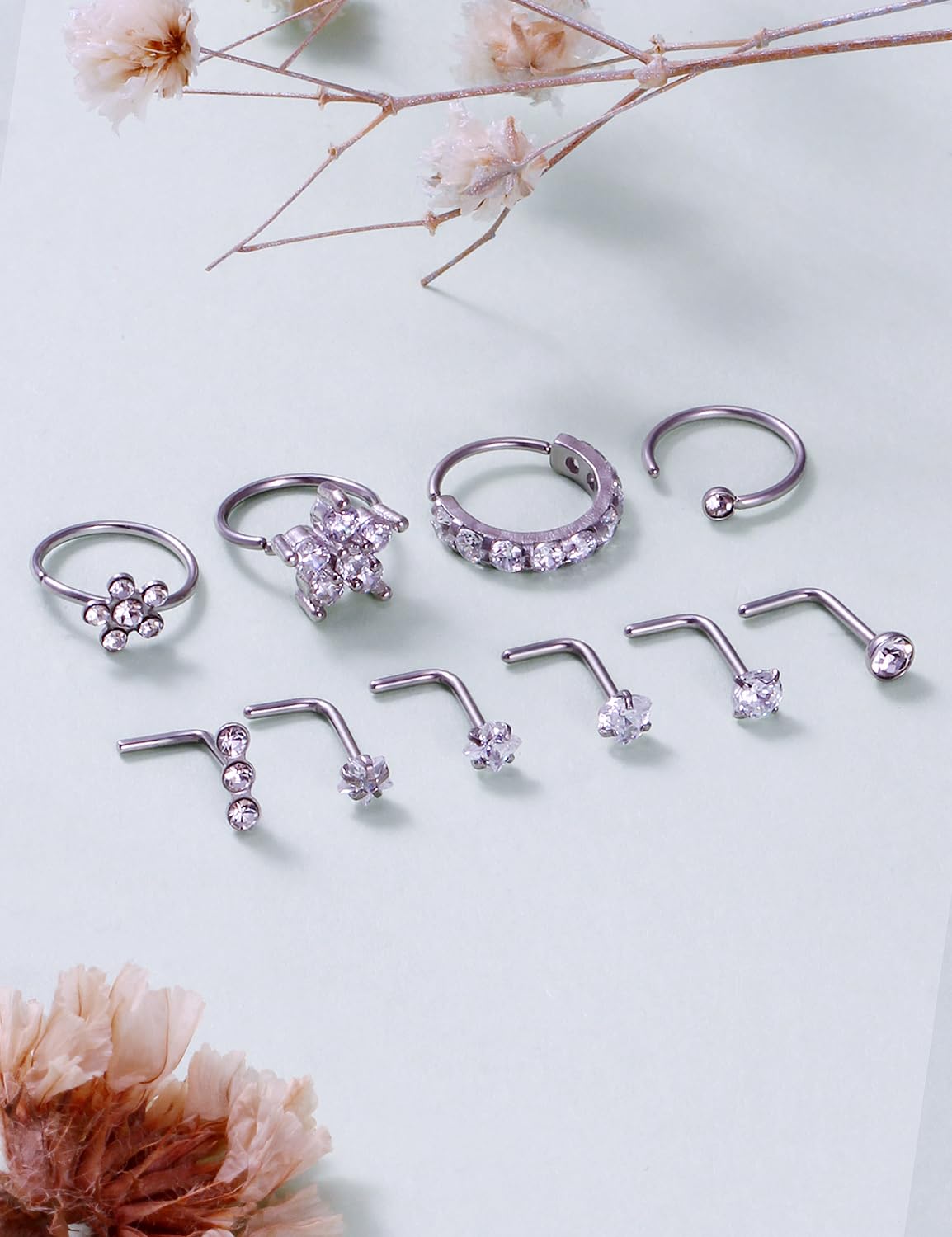 Ftovosyo 20G Surgical Steel Nose Rings Hoop for Women Men, Paved CZ Flower Piercing Jewelry L Shaped Nose Ring Stud Set