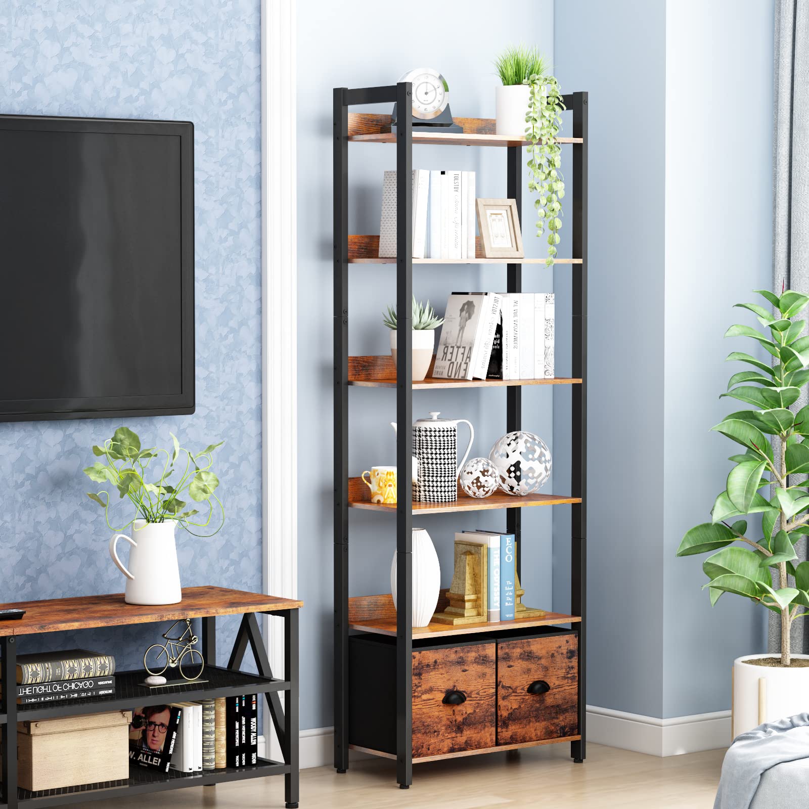 Furologee 6-Tier Bookshelf, Tall 71" Rustic Bookcase with 2 Drawers Storage Organizer, Industrial Display Free Standing Shelf Units, Wood and Metal Storage Rack for Home Office, Bedroom, Rustic Brown