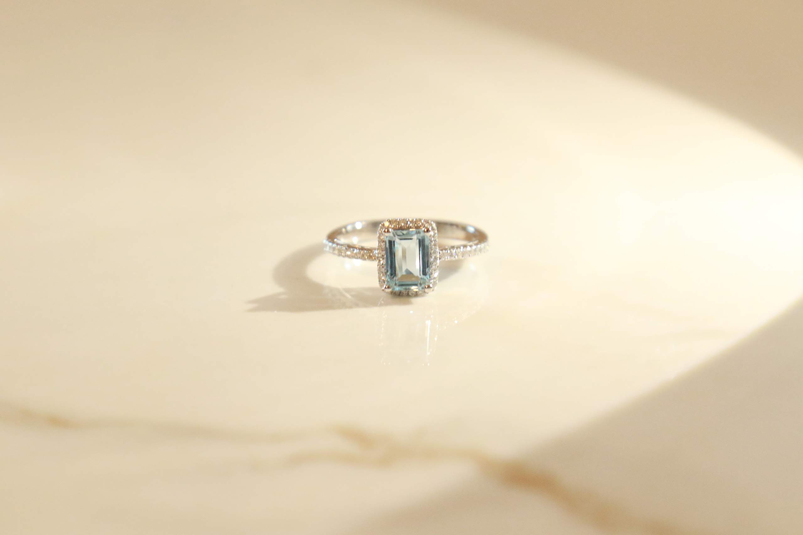 Gin & Grace 10K White Gold Genuine Aquamarine Ring with Diamonds for Women | Ethically, authentically & organically sourced (Emerald-Cut) Shaped Aquamarine Hand-Crafted Jewelry for her.