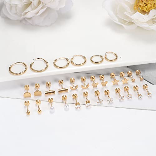 Florideco Small Tiny Stud Earrings for Women Men Hypoallergenic Flat Back Earrings 14K Gold Plated Surgical Stainless Steel Earrings Sets Screw Back Cartilage Earrings