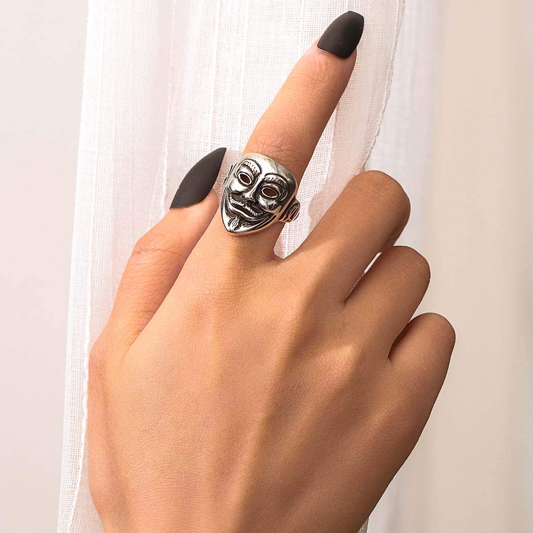 Fstrend Vintage Band Ring Silver V for Vendetta Women's Statement Ring Retro Stainless Steel Adjustable Open Rings Jewelry for Women and Men