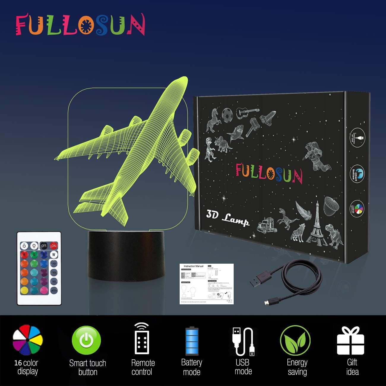 FULLOSUN Aircraft Airplane 3D Night Light Kids Bedside Lamp 16 Colors Changing with Remote Control Xmas Halloween Birthday Gift for Child Baby Boy