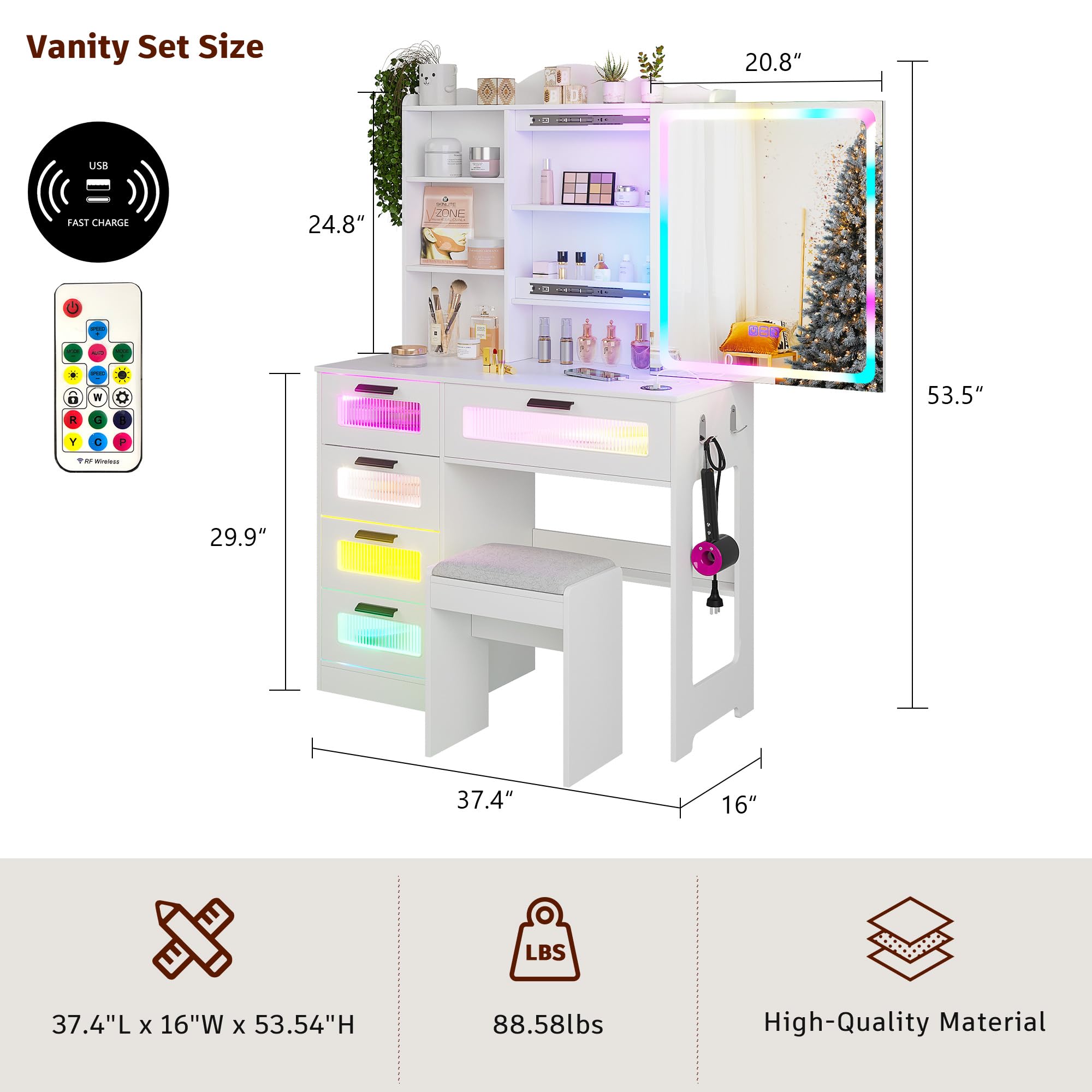 FOMNEY RGB LED Vanity Desk with Mirror and Lights, Makeup Vanity Desk with 3-in-1 Charging Station, Vanity Set with Stool&Sliding Touch Mirror, Makeup Dressing Table with 5 Drawers (White)