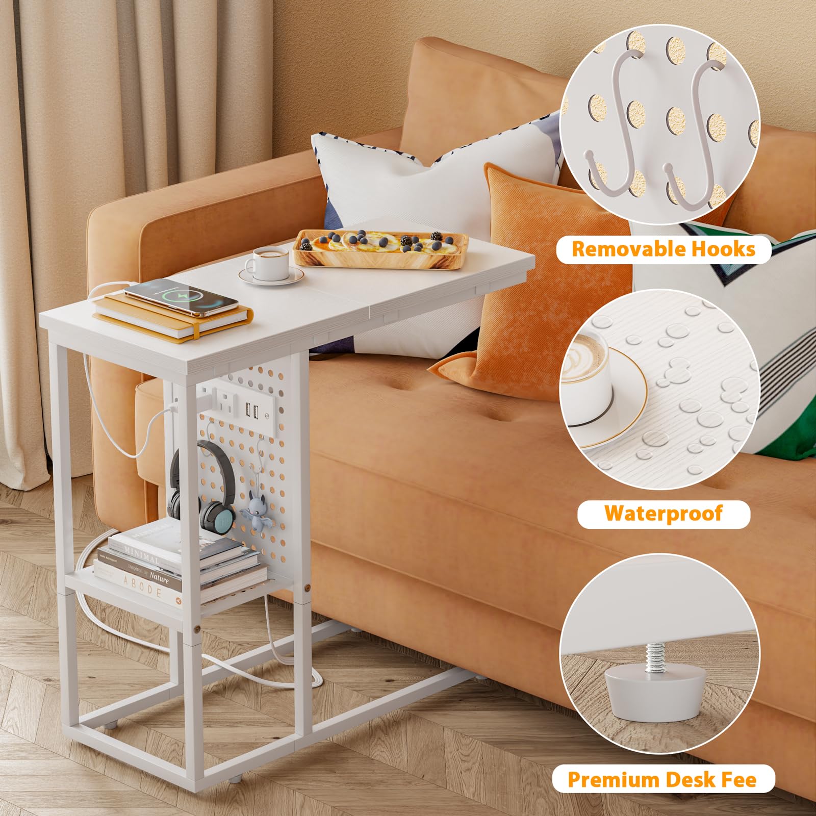 Furologee White C Shaped End Table with Charging Station, Side Table for Couch, Sofa Table with Storage Shelf, Reversible C Table/Small Coffee Table for Living Room, Metal Nightstand for Bedroom