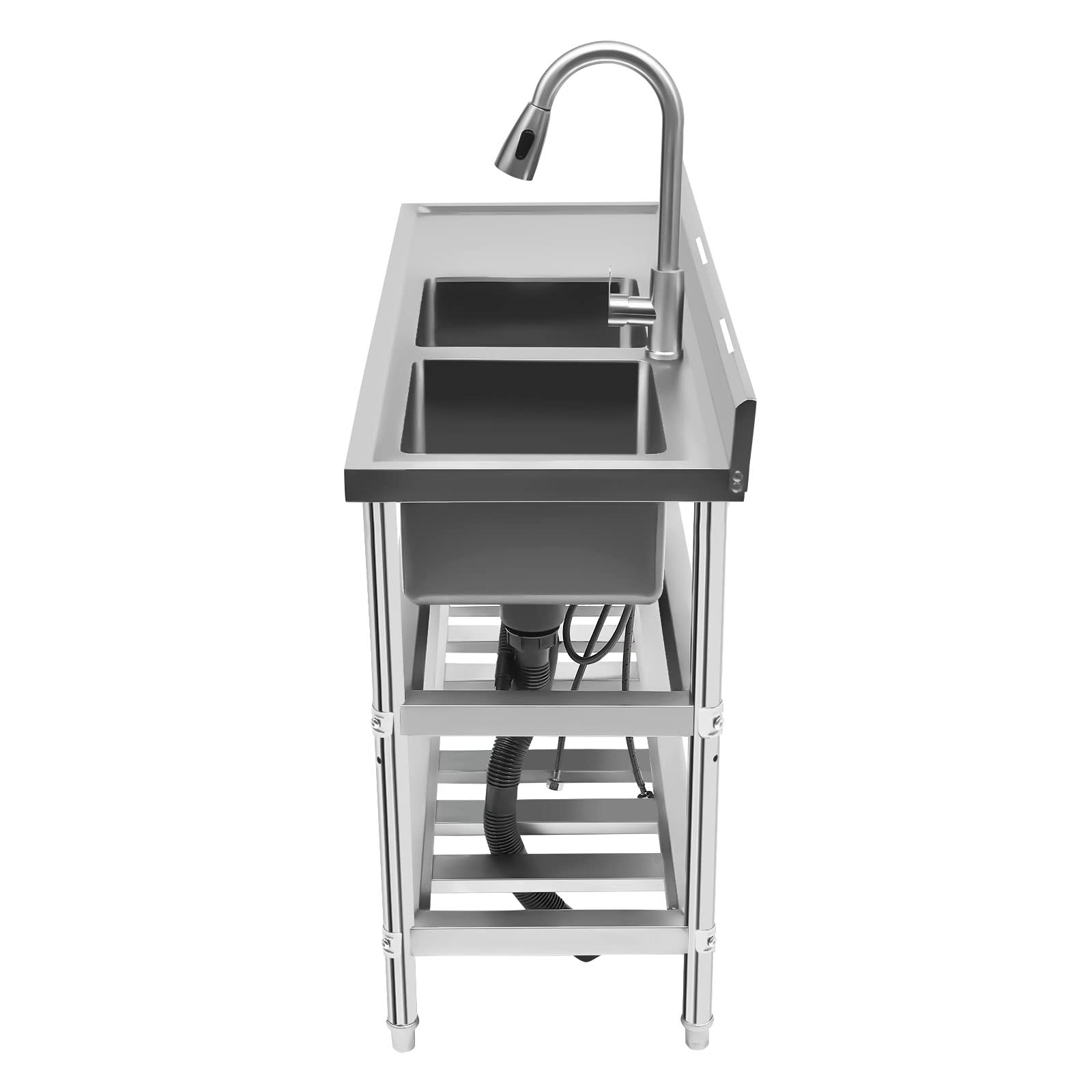 Free Standing Commercial Kitchen Sink 2 Compartment Stainless Steel Prep & Utility Sink 201 Stainless Steel Freestanding Kitchen Sink for Restaurant, Kitchen, Outdoor (Dual Bowl Style w/Baffle)