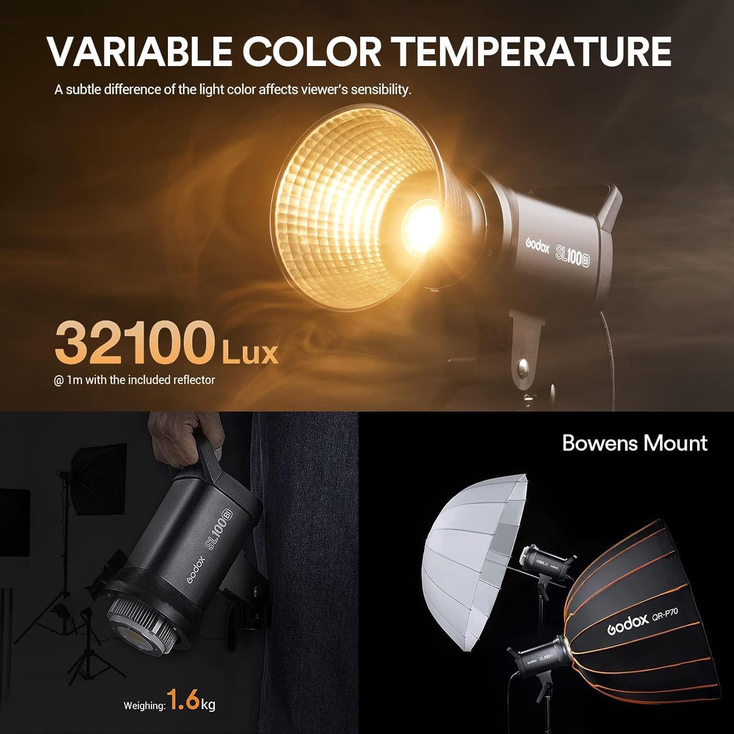 Godox SL100Bi 100W Bi-Color LED Video Light, 32100Lux@1M 2800K-6500K CRI96+ TLCI97+ Bowens Mount LED Continuous Lighting for Photography, 11 FX Effects Studio LED with RC-A6 Remote