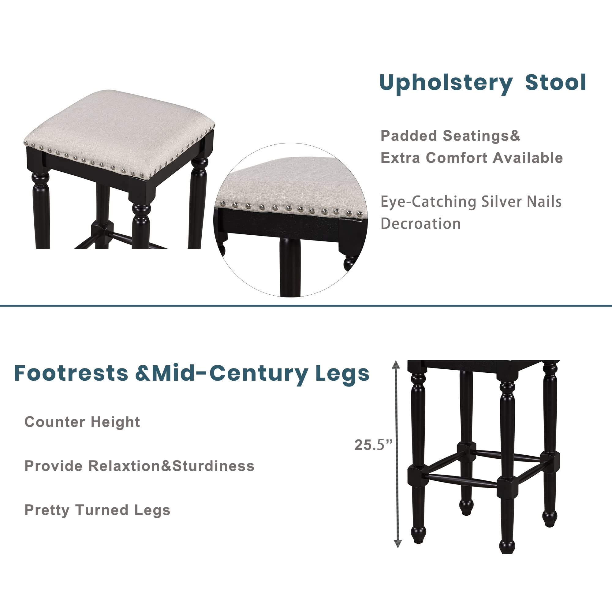 FIQHOME Extra Long Mid-Century 5-Piece Counter Height, Wood Console Bar Table Trestle Legs and 4 Upholstery Stools, Kitchen Dining Room Pub Set for Small Places,Black