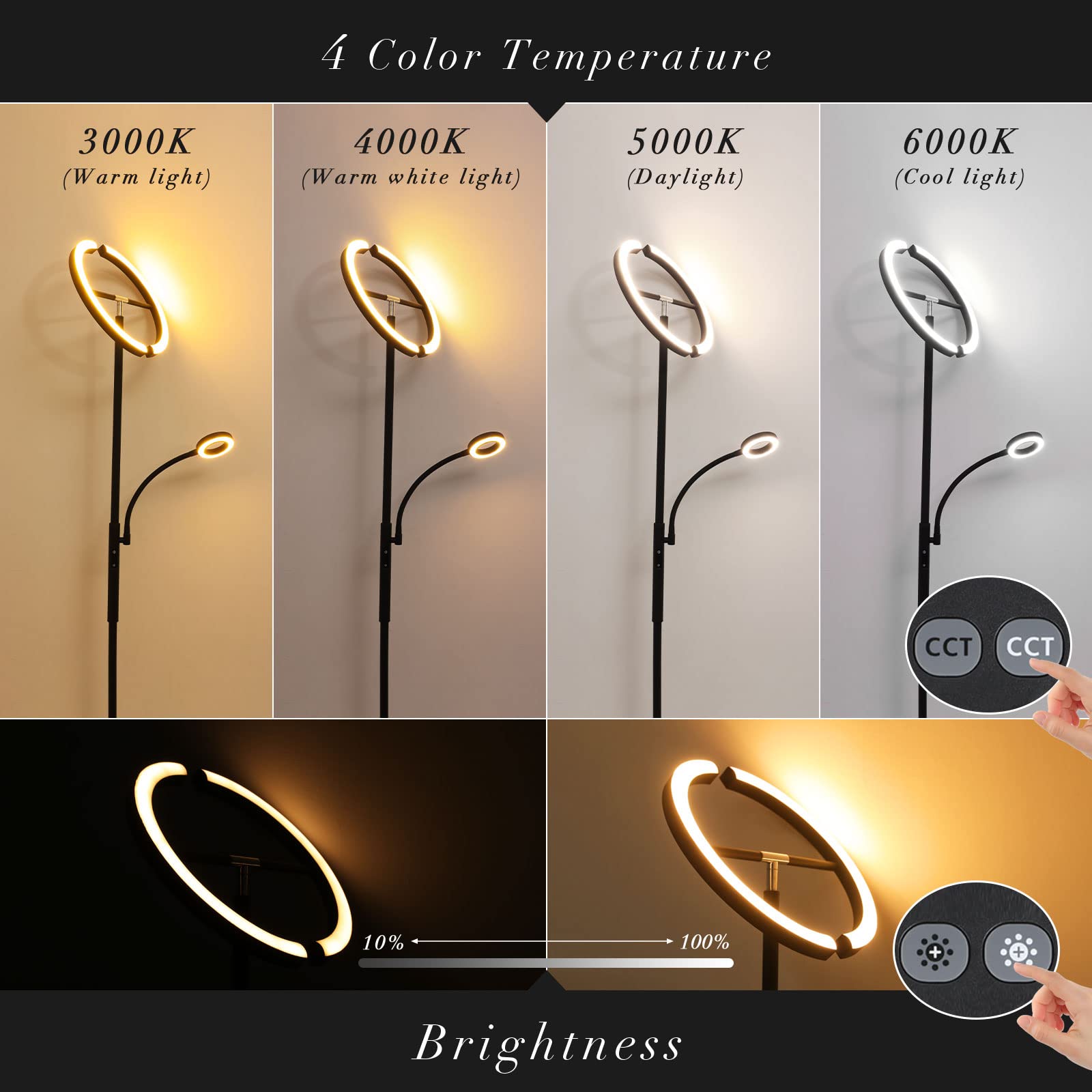 Ganiude Dimmable Modern LED Rotatable Torchiere Floor Lamp with Reading Light,Touch and Remote Control,Tall Standing Pole Lamp with Stepless Dimming and 3000K-6000K CCT for Living Room,Bedroom,Office