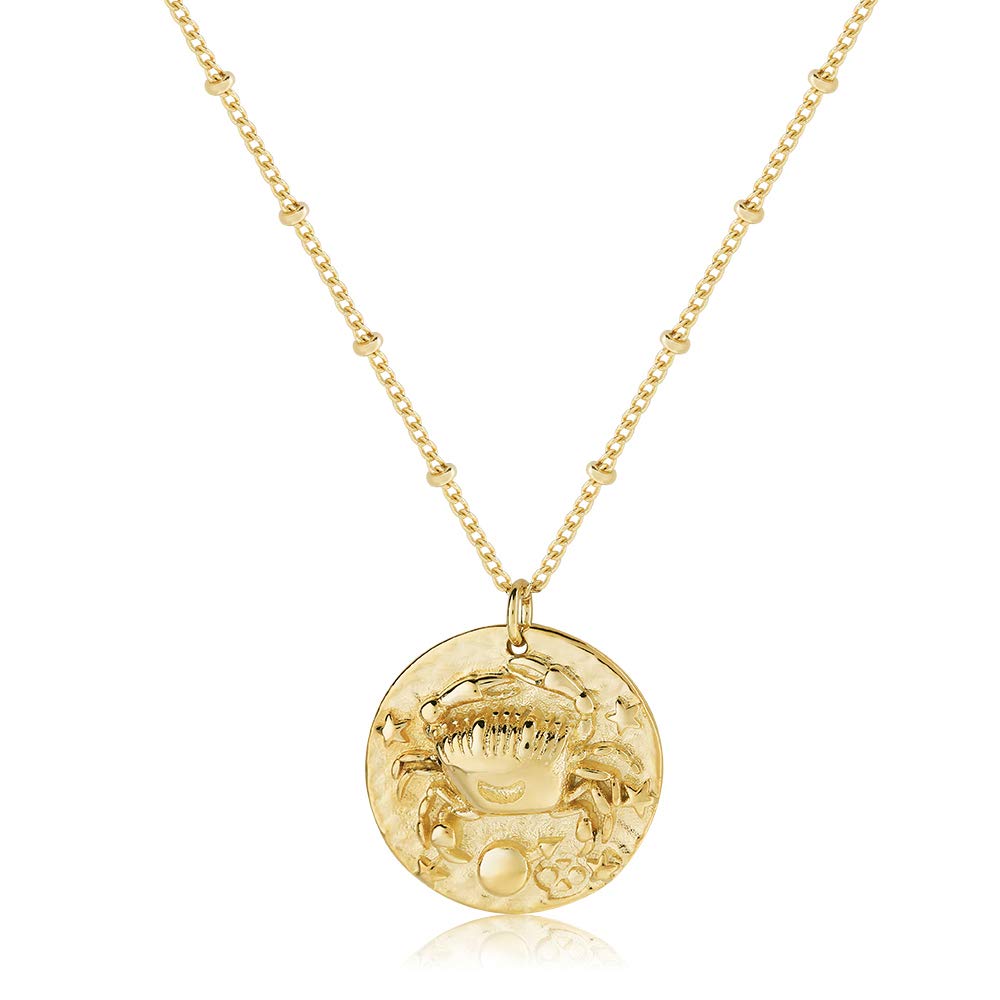 Fremttly Zodiac Coin Embossed Necklace Disc 12 Constellation Astrology Horoscope 14K Gold/Silver Plated Round Pendant Personalized Necklace Gift for Women Cancer