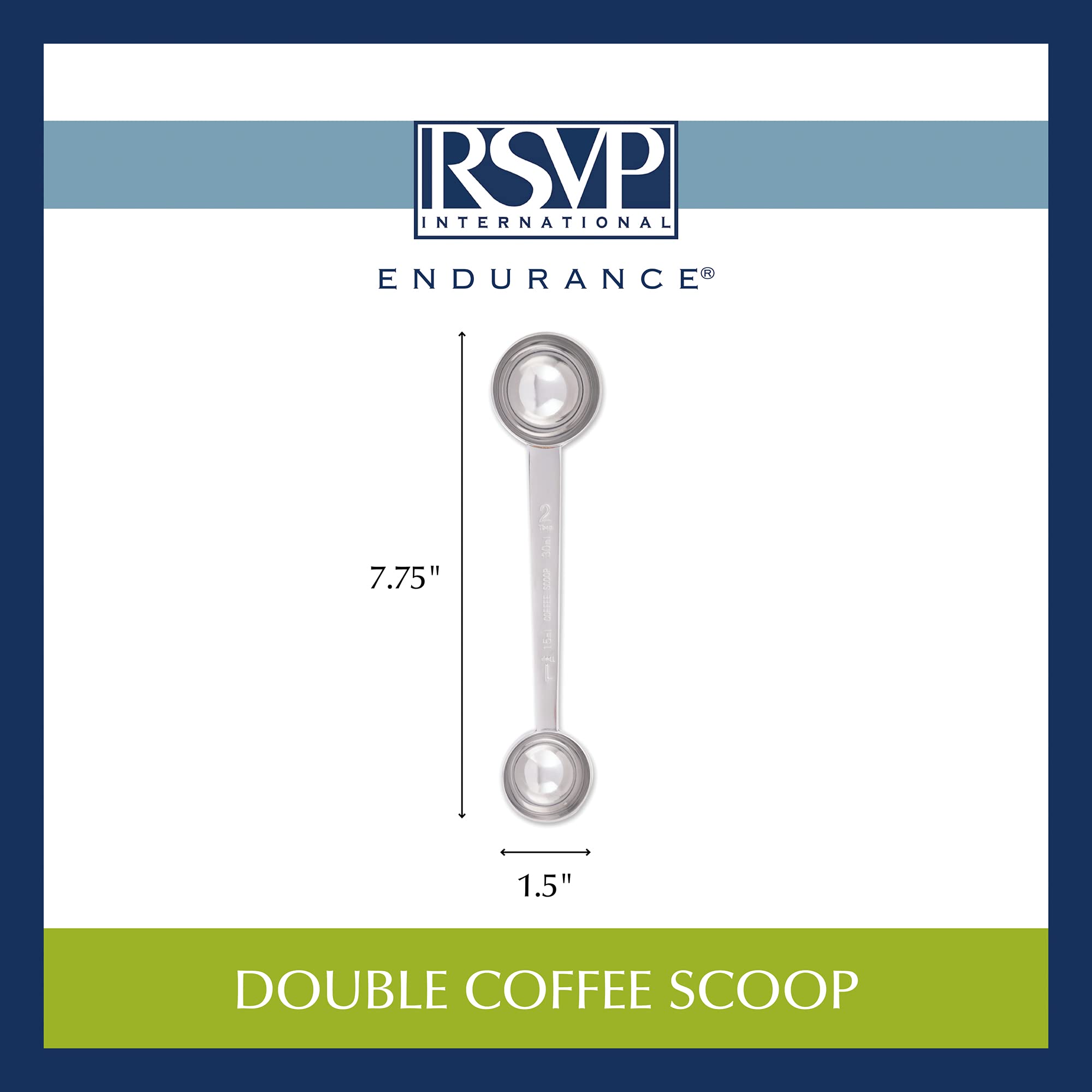 RSVP International Coffee Measuring Spoon, Long Handled Stainless Steel Scoop Multi-purpose for Baking, Ground Coffee, Beans or Loose Leaf Tea, Double, 1-Tbsp/2-Tbsp