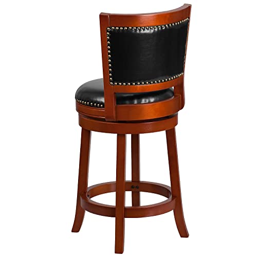 Flash Furniture Ebert 26'' High Light Cherry Wood Counter Height Stool with Open Panel Back and Black LeatherSoft Swivel Seat