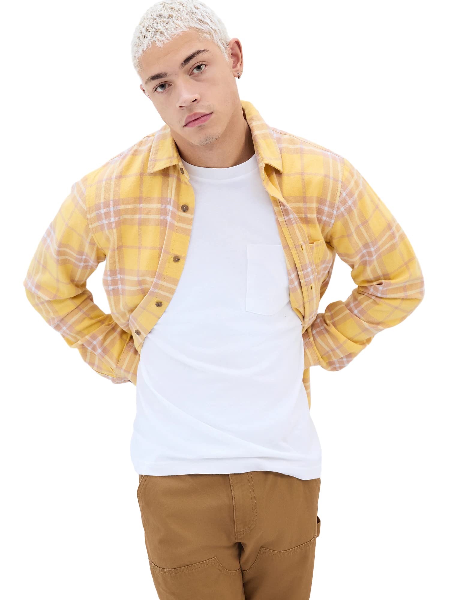 GAP Mens Untucked Flannel Shirt YELLOW BEIGE PLAID XXL
