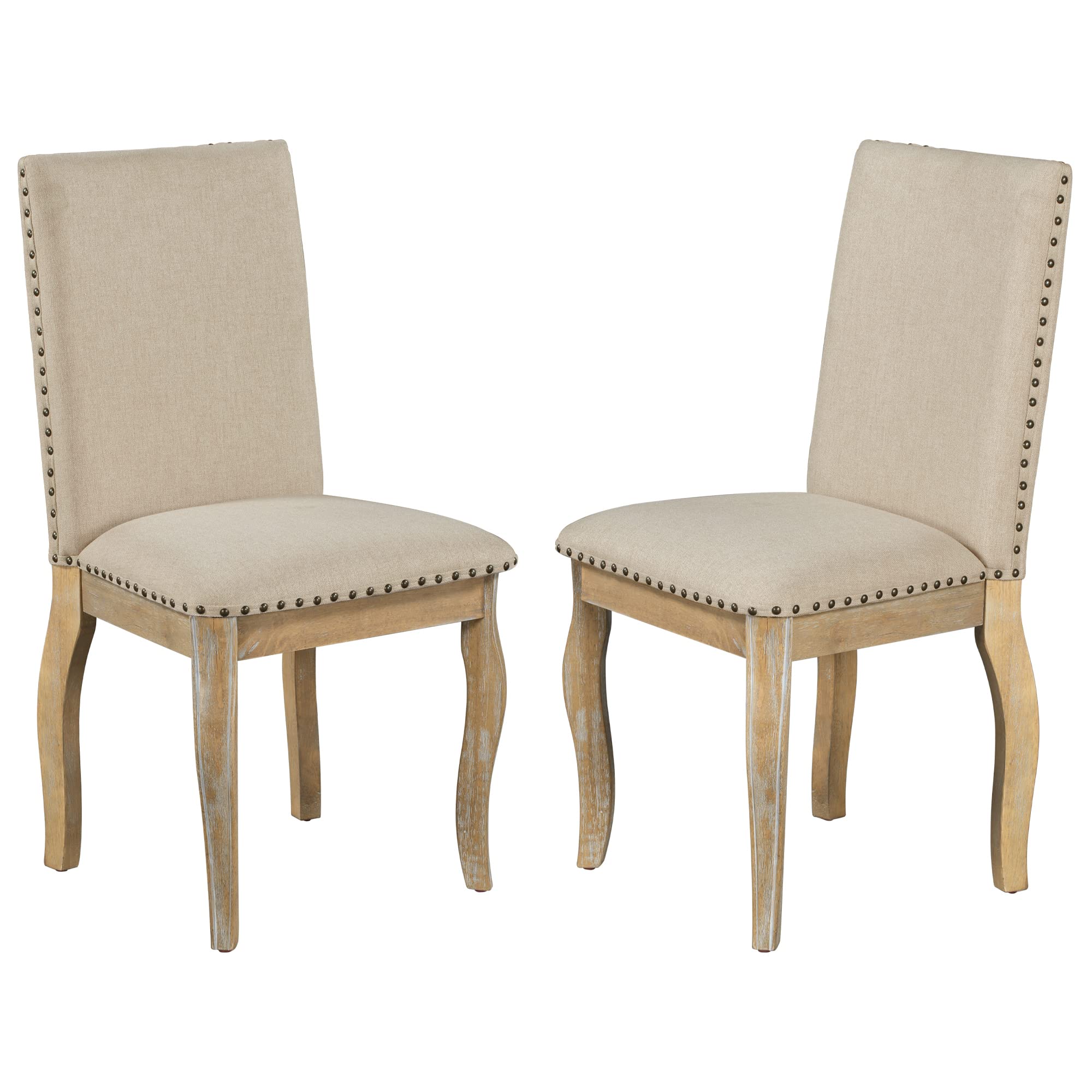 FIQHOME Upholstered Fabirc, Dining Room Chairs with Nailhead (Natural Wood Wash, Set of 4)