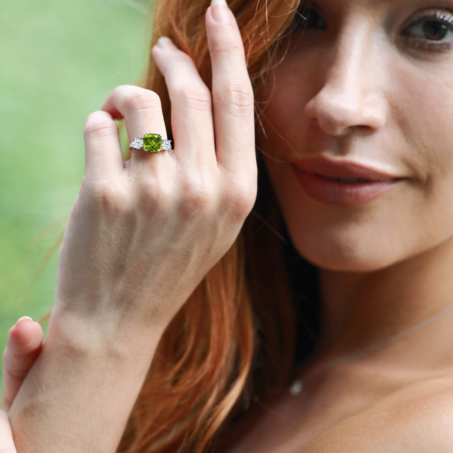 Gem Stone King 925 Sterling Silver Green Peridot and White Zirconia 3 Stone Engagement Ring For Women (3.95 Cttw, Gemstone August Birthstone, Cushion 8MM, Size 9)
