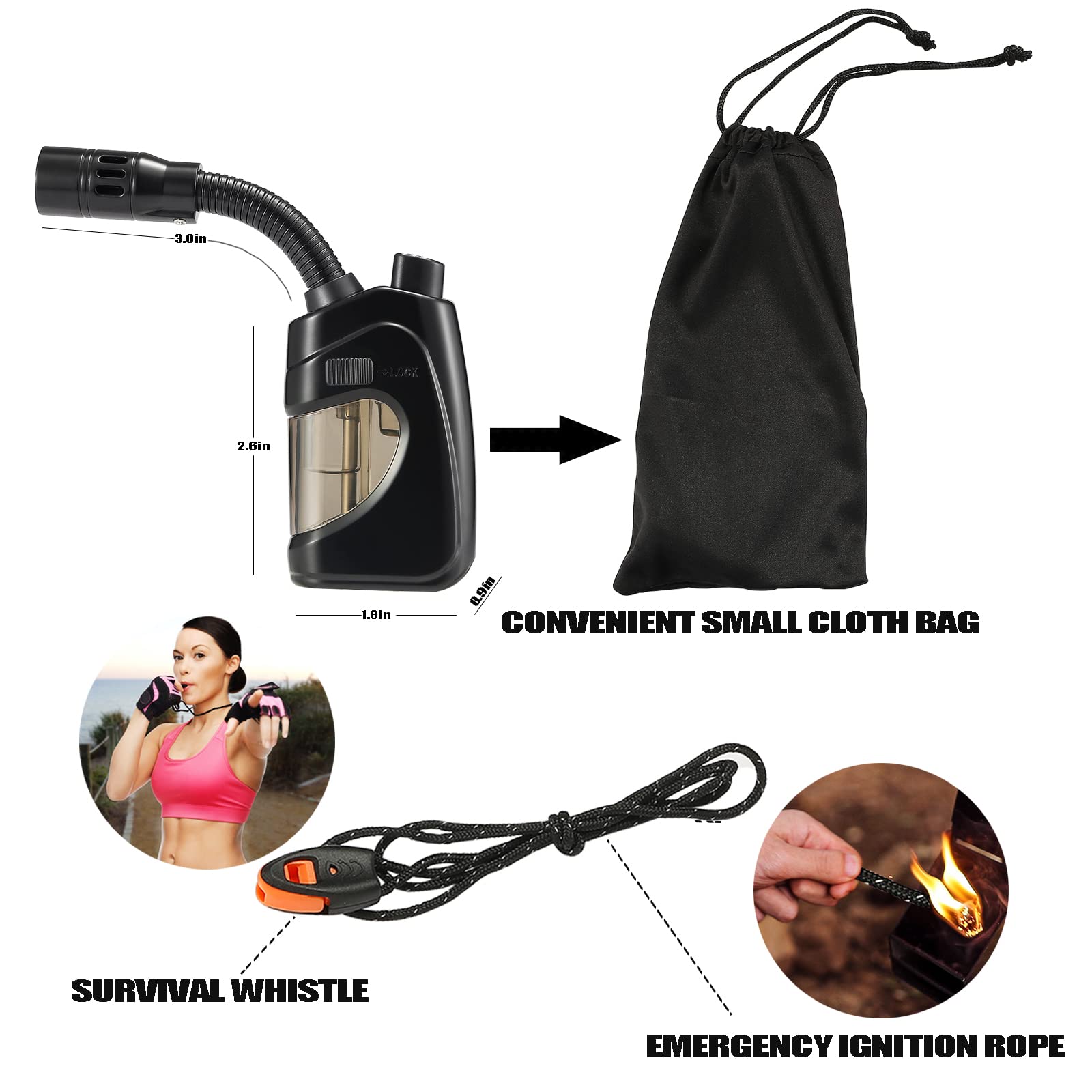 Futlidys Flexible Tube Torch Lighter with Flame Locking Function, Butane Lighter with Transparent Large Fuel Tank, Windproof Camping Lighter. Black(Sold without Gas)