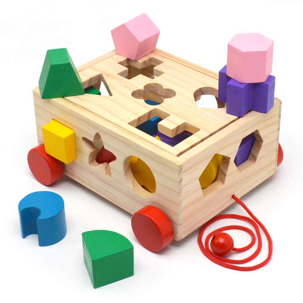 GeekHouse Shape Sorting Cube for Toddlers, Wooden Sorter Box and Pull Toy for 3+ Year Old Kid, Early Educational Gift for Boy and Girl