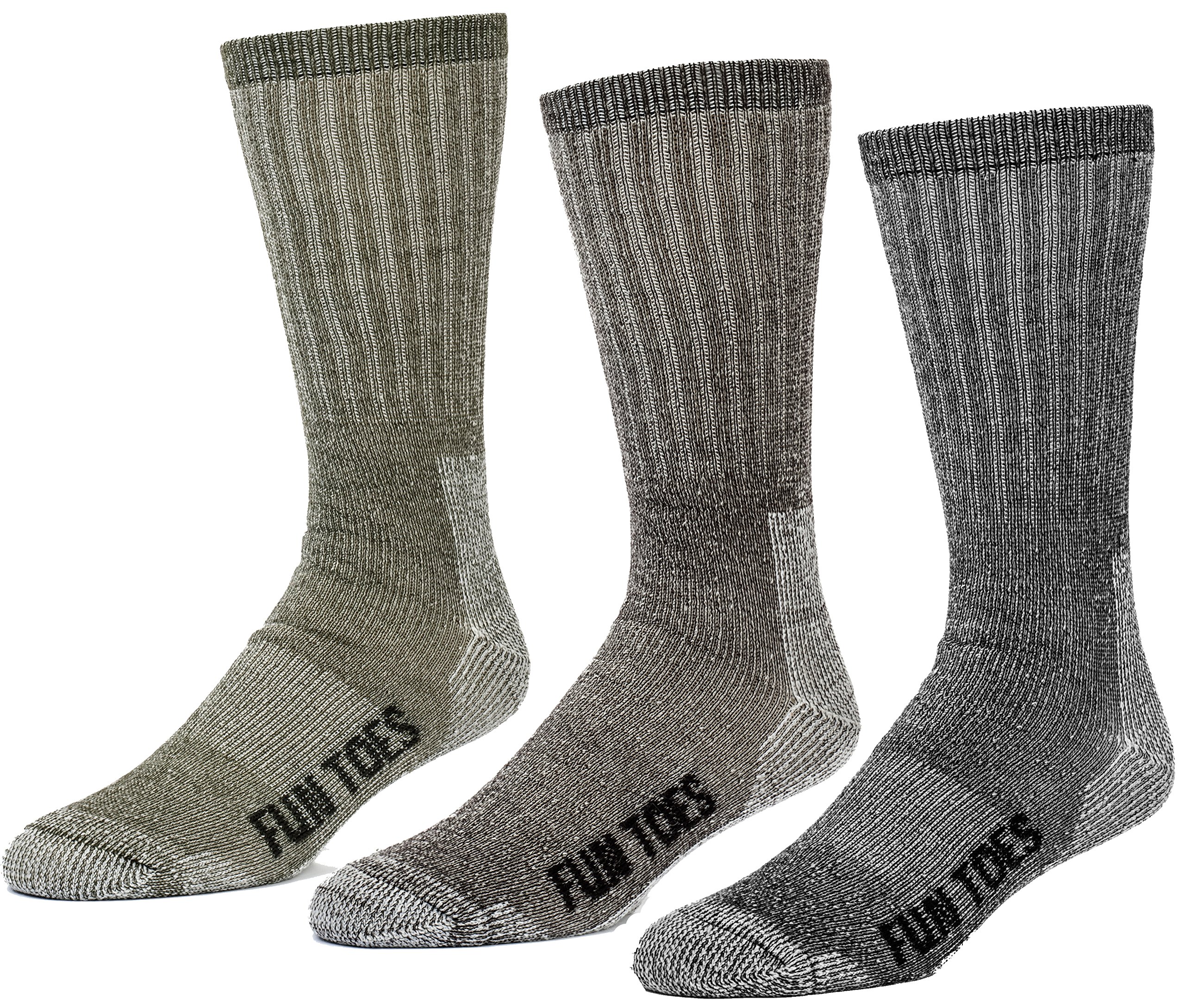 FUN TOES Boot Socks for Men, 3 Pairs Durable Thermal Insulated 80% Merino Wool Warm Hiking for Winter, Indoor or Outdoor (1 Black/1 Brown/1 Green)