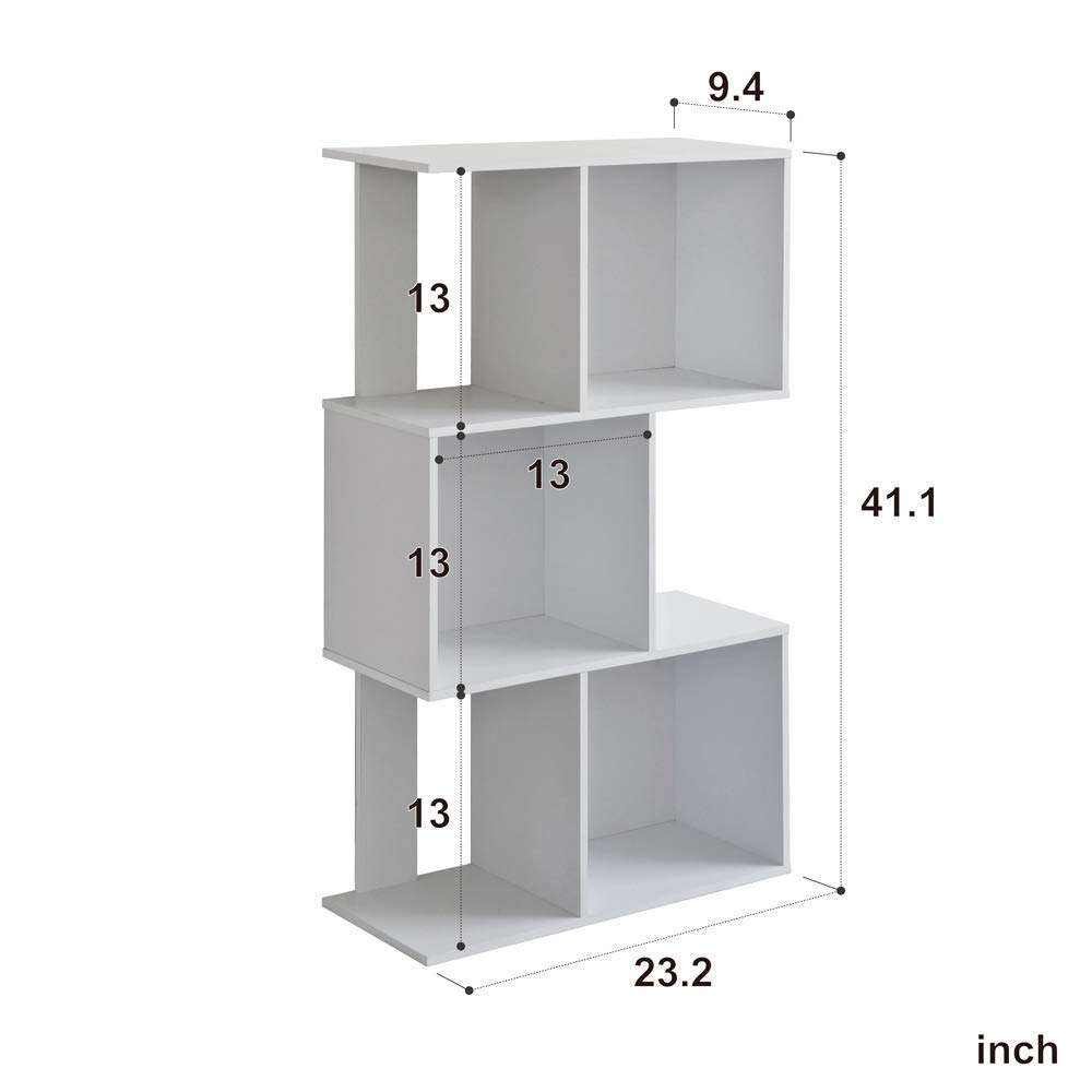 Frama 3-Shelf Creative Storage Bookcases Room Divider, S-Shaped Z-Shelf Bookshelf Standing Storage Shelves for Bedroom, Living Room, Home Office, White