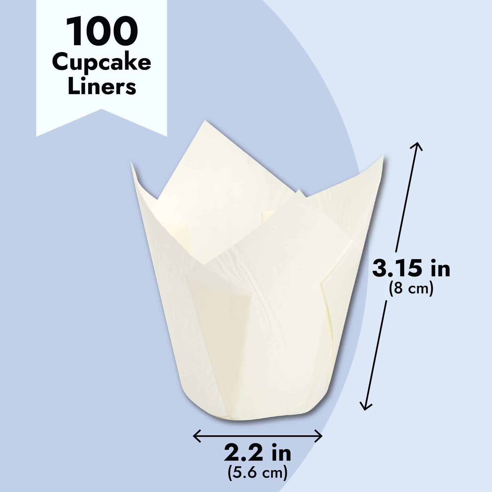 Juvale 100-Pack White Tulip Cupcake Liners for Wedding, Birthday Party, Parchment Paper Baking Cups and Muffin Wrappers for Baby Shower, Tea Party Decorations (2.2x3.15 in)