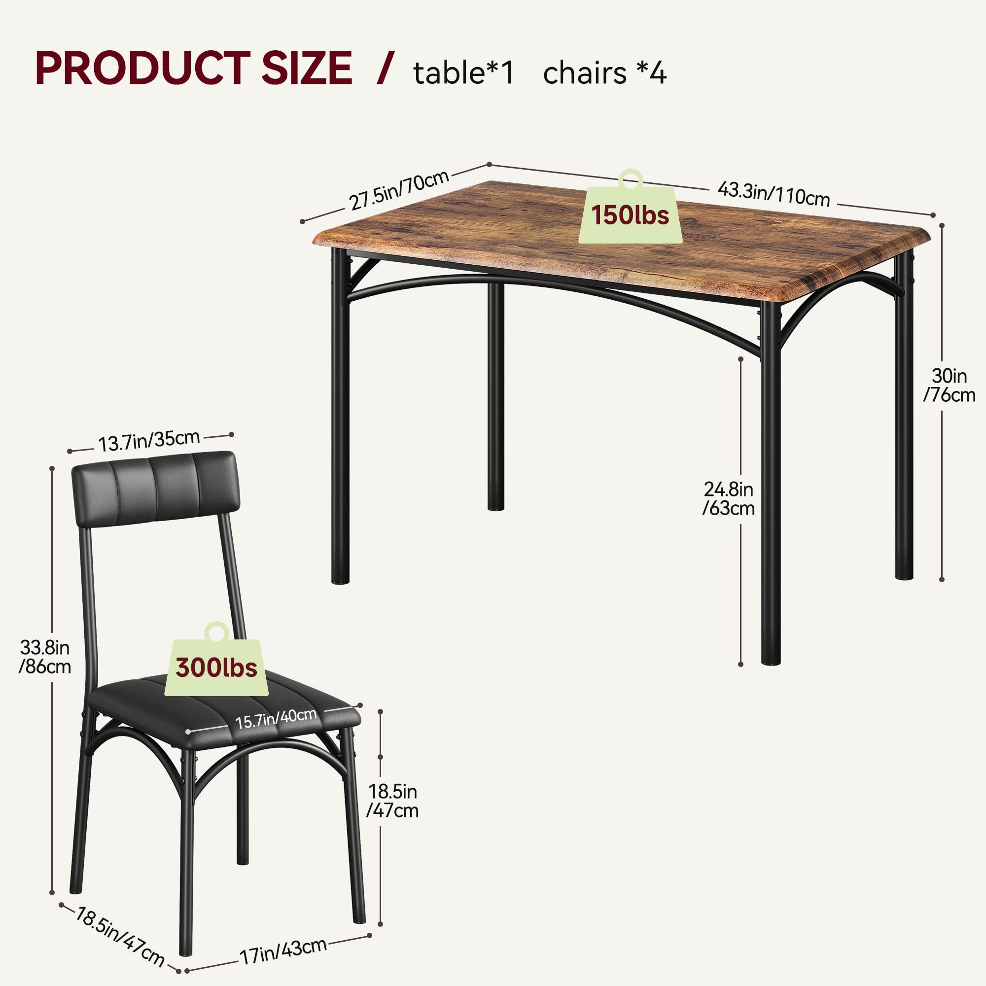 GAOMON Dining Table Set for 4, Kitchen Table and Chairs for 4 with Upholstered Chairs, 5 Piece Dining Room Table Set, Rectangular Kitchen Table Set for Small Space, Apartment, Studio, Rustic Brown