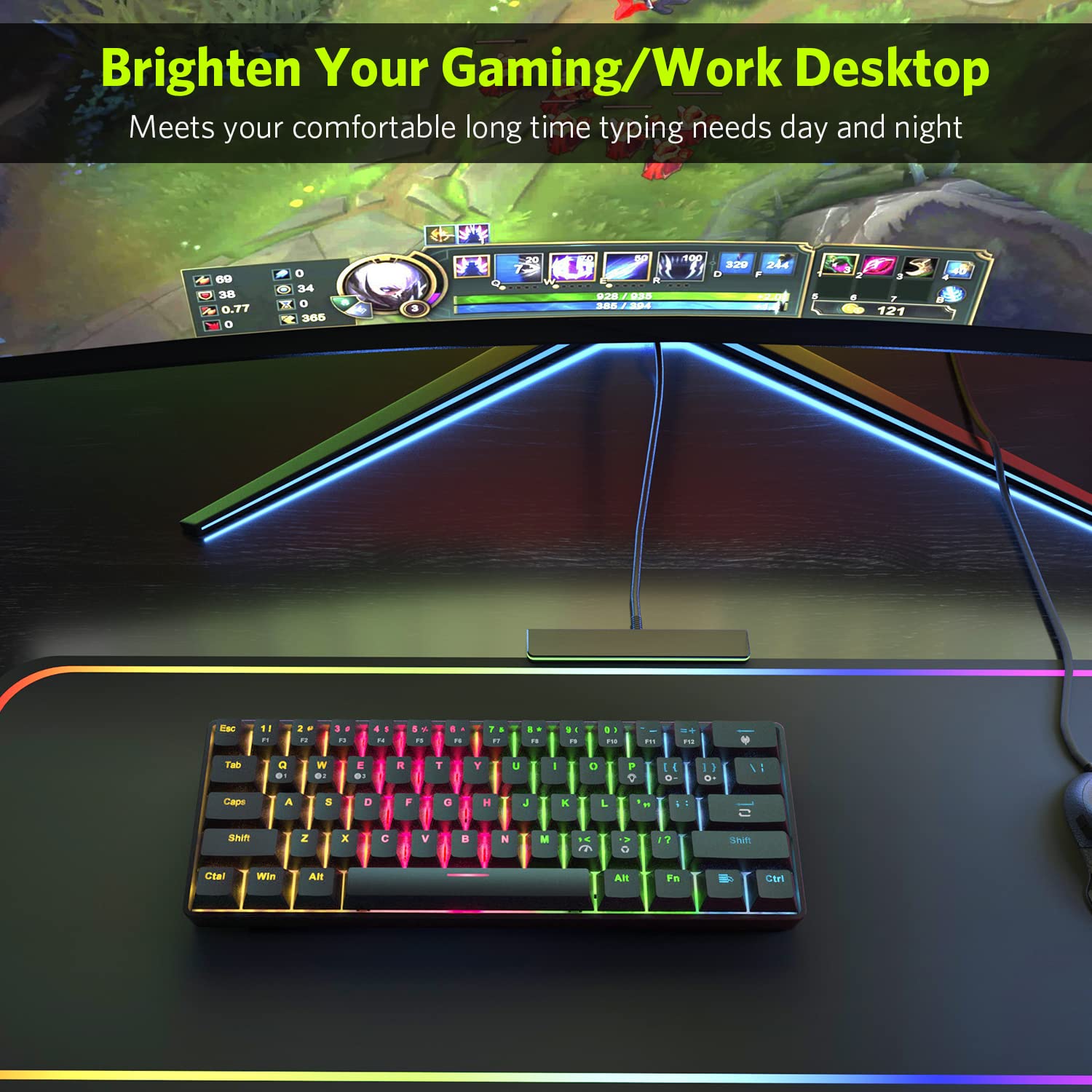 Fiodio 61 Keys RGB Wireless and Wired Mechanical Gaming Keyboard with Blue Switches, Audible Click Sound Rainbow Portable Compact Mini Office Keyboard for Windows PC Gaming, (F-SG61)