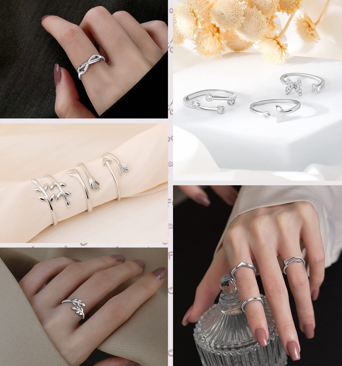 FUNEIA 3PCS S925 Sterling Silver Knuckle Rings for Women Adjustable Stacking Thumb Silver Ring Set Cubic Zirconia Butterfly Arrow Knot Hug Hands Dainty Open Rings Pack