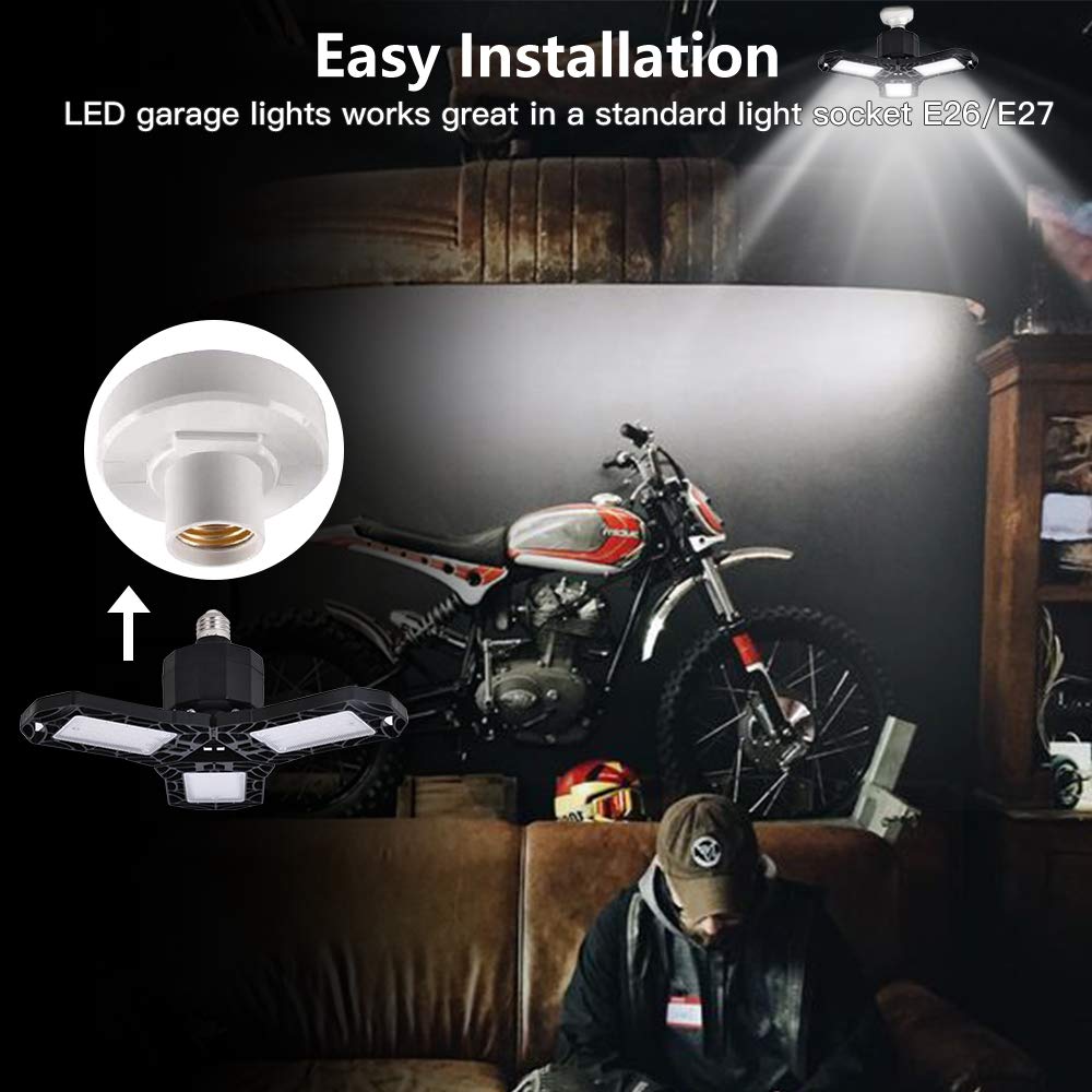 Garage Lights, LED Garage Lighting with 3 Adjustable Panels, Garage Ceiling Lights Super Bright with 6000K Nature Light, E26/E27 Garage Light for Garage, warehouse, Basements, Gym and Supermarket