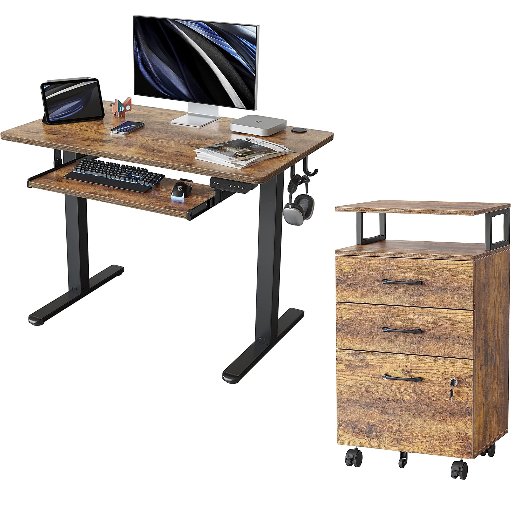 FEZIBO 40 * 24 Inches Height Adjustable Desk with Keyboard Tray and 3-Drawer Mobile File Cabinet