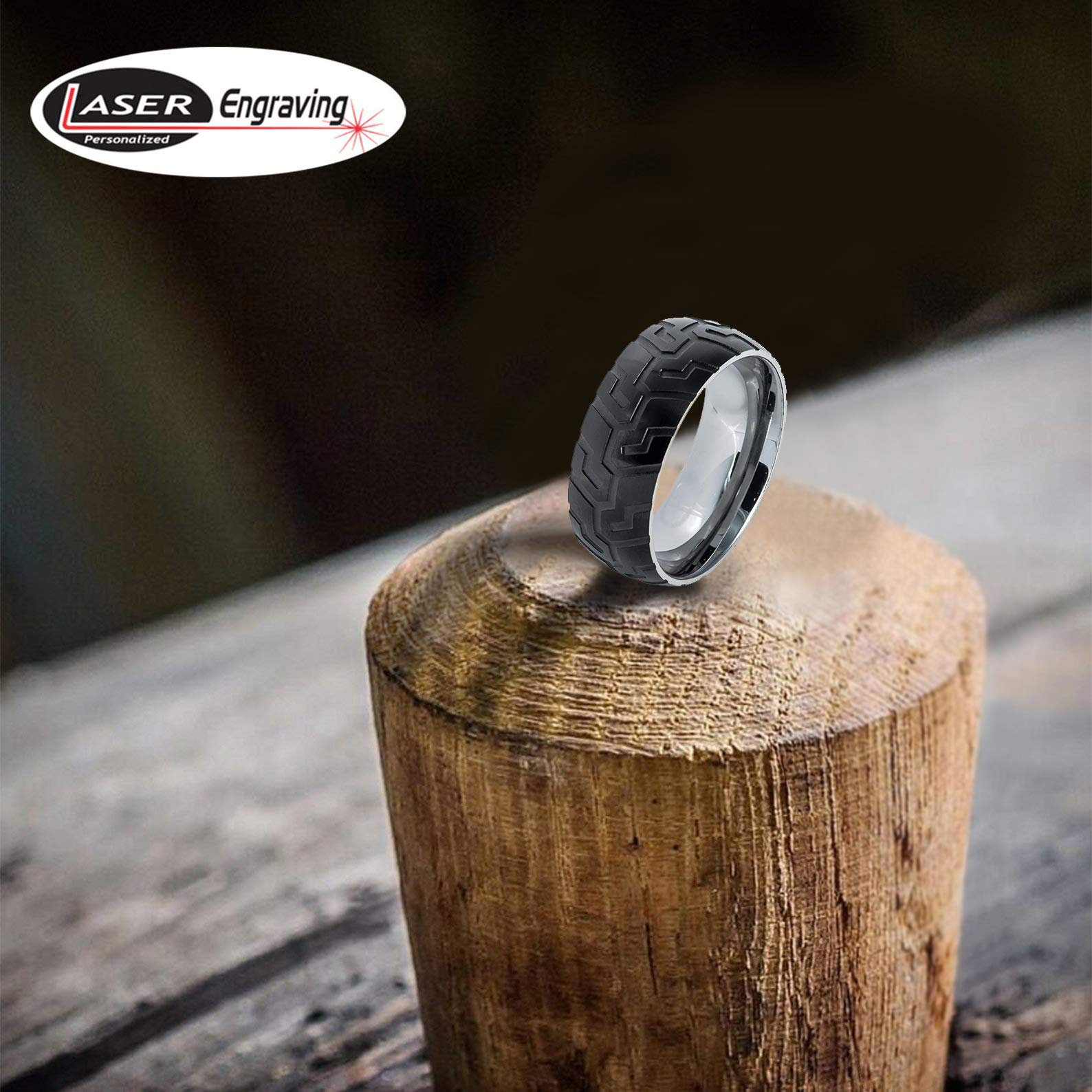Free Personalized laser engraving Ring for Men and Ring for Women tungsten Band Rings 8mm Semi-domed Ring with Black IP Plated with Super Sleek Tire Tread Laser Carved Pattern Wedding Band Ring Ideal
