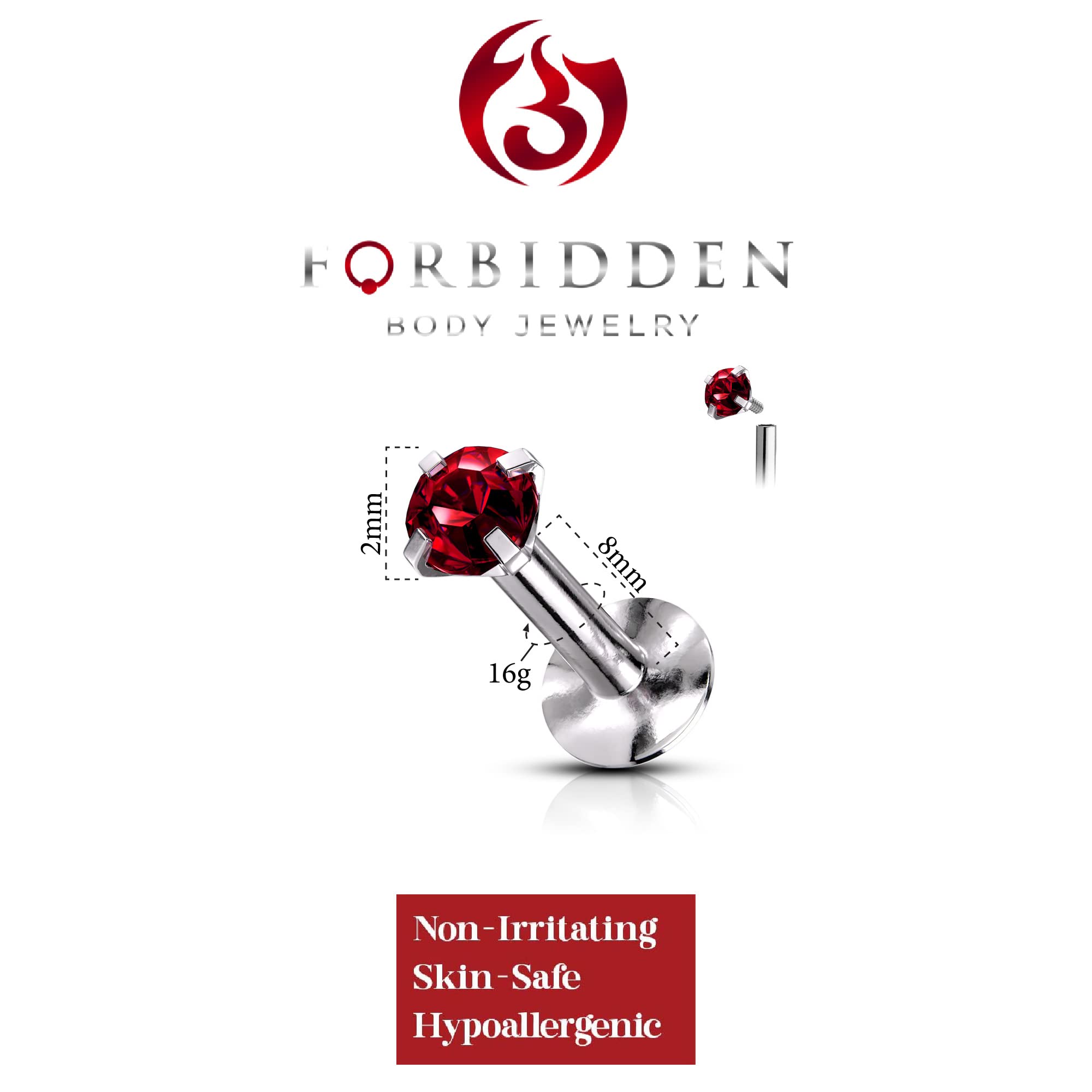 Forbidden Body Jewelry 16g 8mm Internally Threaded Surgical Steel Tragus, Helix Earring and Labret Stud with 2mm Red CZ Top