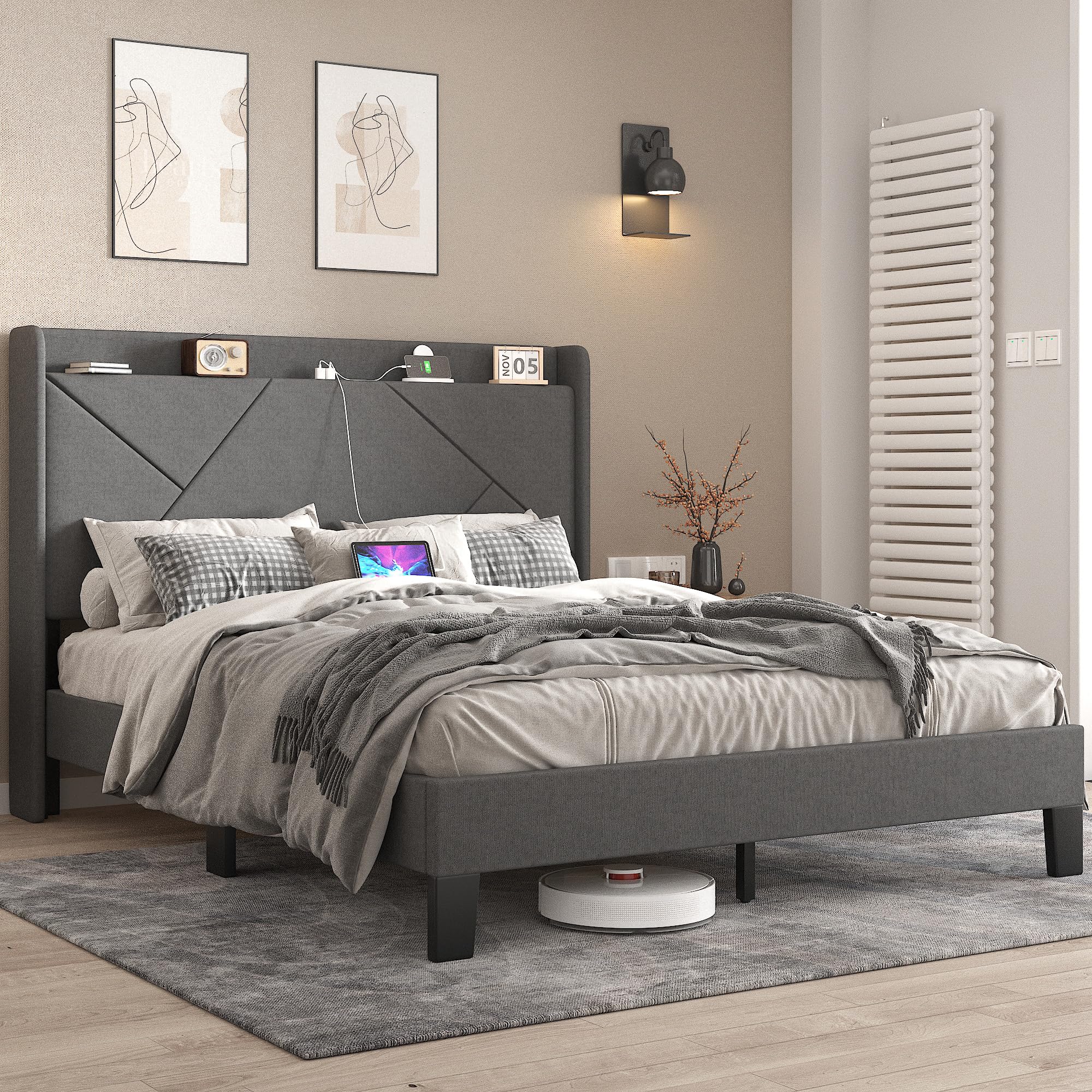 Fluest Queen Bed Frame with Headboard Storage Upholstered Wingback Headboard Built-in Charging Station USB Ports Wooden Slats Support,No Box Spring Needed,Mattress Foundation,Dark Grey