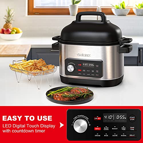 Galanz 8-in-1 Multi Cooker with Air Fry, Sous Vide, Rice, Sauté, Slow Cook, Steam, Roast, & Grill - Removable 8 QT Cooking Bowl, 8 Pre-Set Programs, Stainless Steel