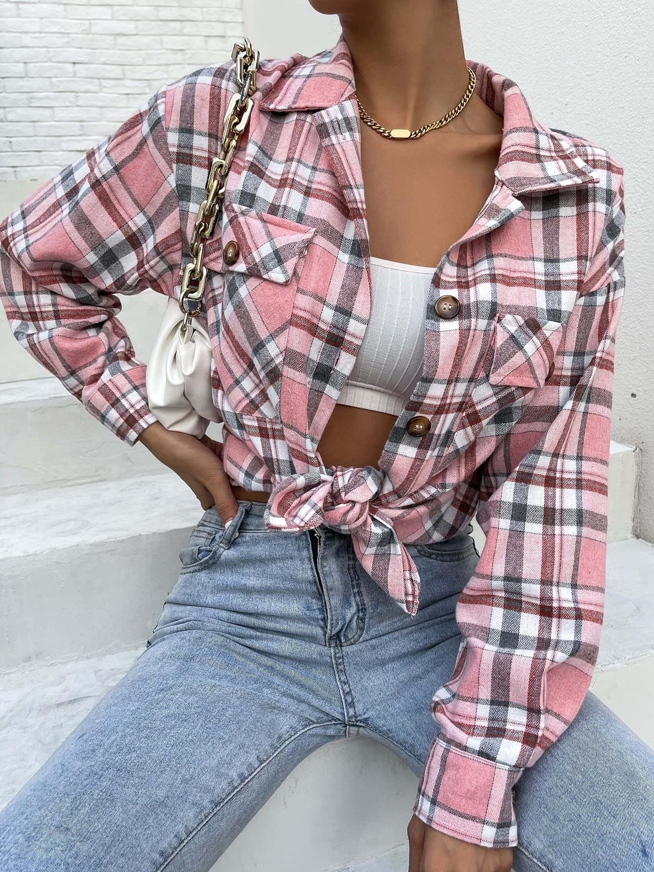Floerns Women's Casual Long Sleeve Button Down Plaid Shirt Blouse Top Pink Multi XS