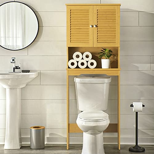 Spaco Over The Toilet Cabinet, Double Door Bathroom Storage Organizer, Toilet Rack, Open Storage Shelf, Wood Color (Wood-1)