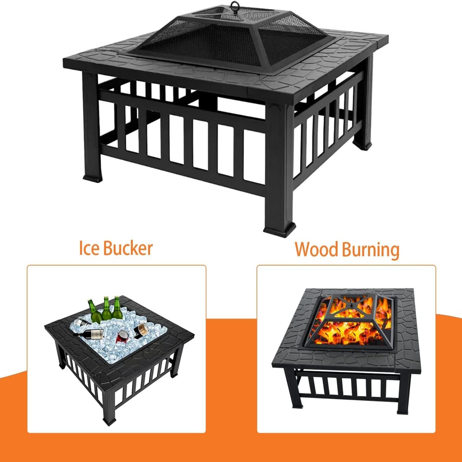 Fire Pit 32'' Wood Burning Firepit Metal Square Outdoor Fire Tables Steelfire Pit Bowl with Spark Screen Cover, Poker Log Grate for Patio Bonfire Camping Backyard Garden Picnic