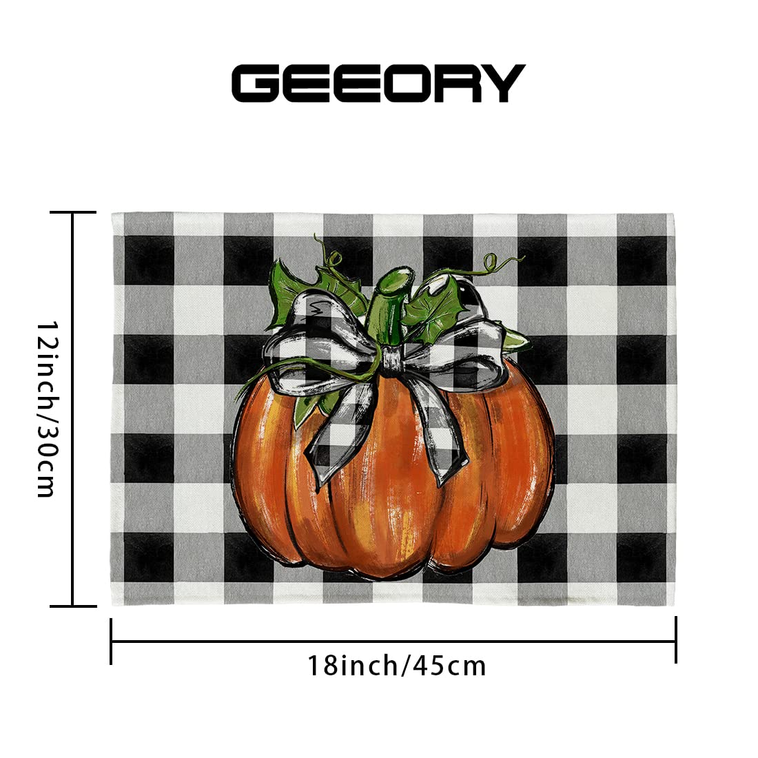 GEEORY Fall Placemats, 12x18 Inch Set of 4 Buffalo Plaid Check Pumpkins Table Decoration for Kitchen Dining, Indoor & Outdoor Dinner Party (Orange Pumpkin) GP085-18