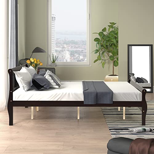 Prohon Queen Platform Bed with Vertical Openwork Design Headboard & Footboard, Large Underbed Storage Space, Simple Style Wooden Bedframe for Kids Teen Adults, No Box Spring Needed, Espresso