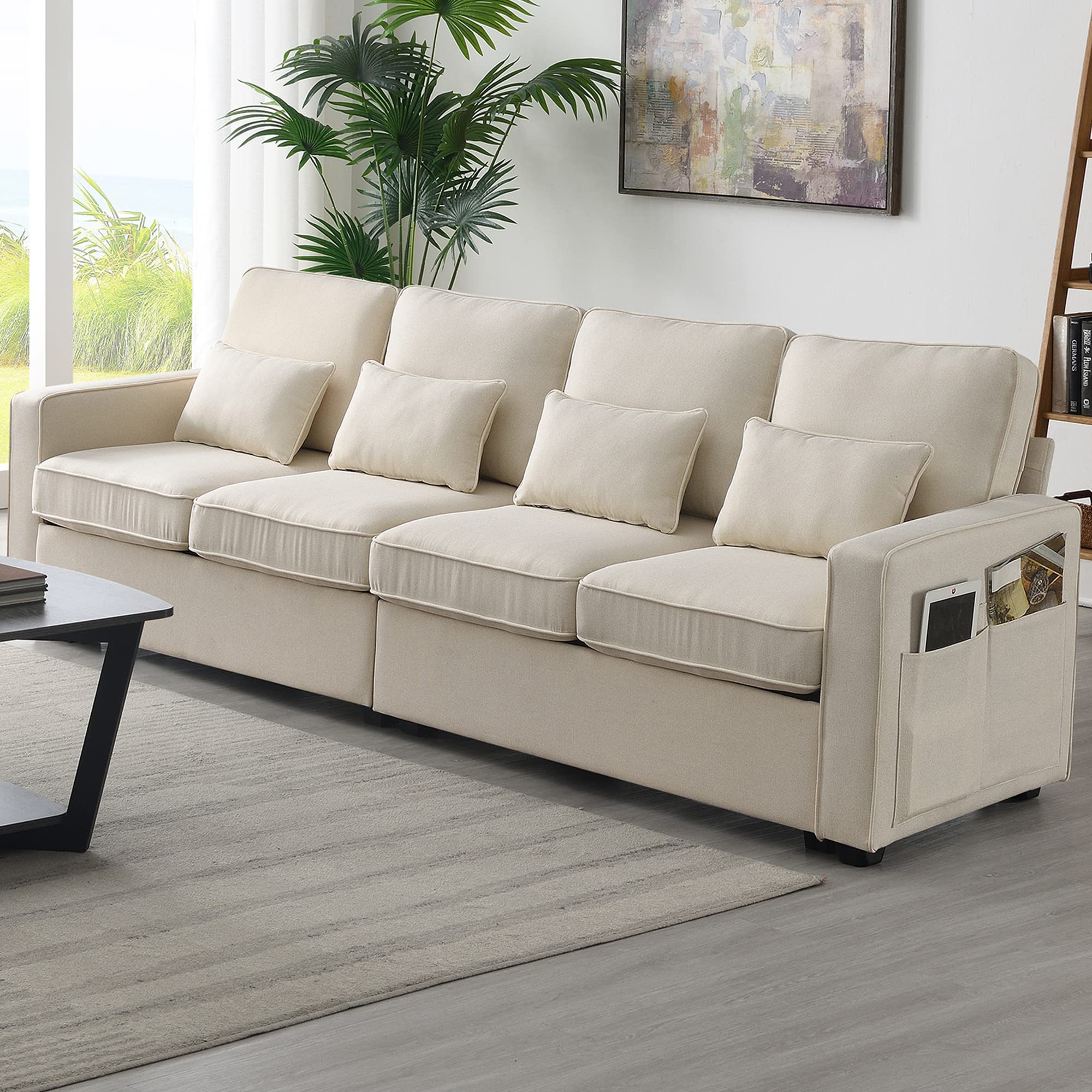 FIQHOME Upholstered Armrest Pockets and 4 Pillows, 4-Seater Modern Linen Fabric Sofa Minimalist Style Couches for Living Room, Apartment,Office,Beige