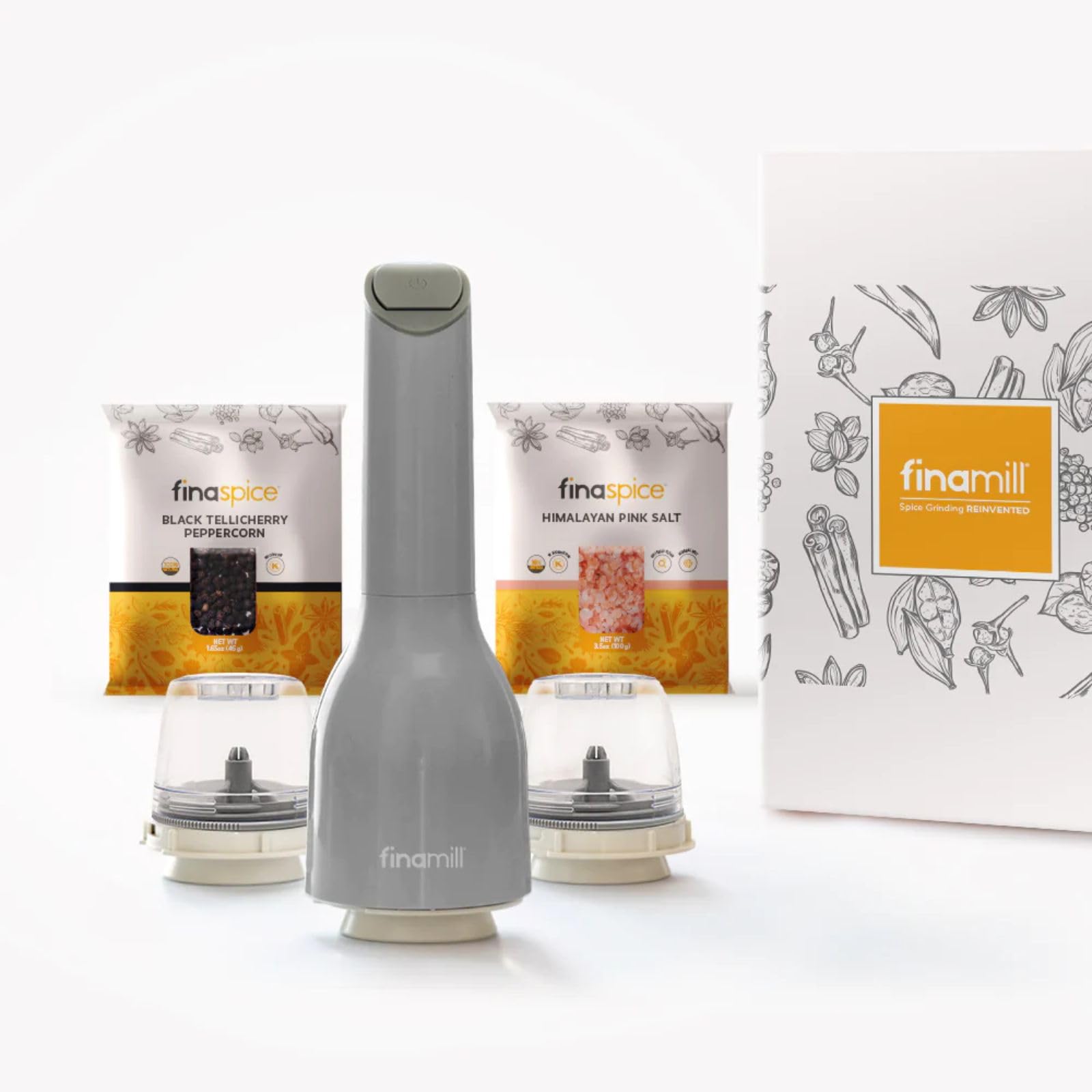 Finamill’s Spice Grinder Salt & Pepper Deluxe Gift Set - Includes One Battery-Operated Finamill, Two Finapod PRO Plus Grinding Pods, Two Packets of Salt and Peppercorn Finaspice (Stone)
