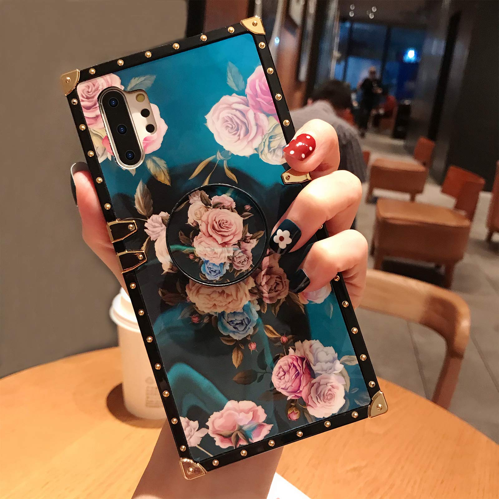 Galaxy Note 10 Plus 5G Square Case with Stand Holder Rose Floral Flower Luxury Elegant Soft TPU Shockproof Protective Metal Decoration Corner Back Phone Case Women Girls Lady for Galaxy Note 10+ 5G