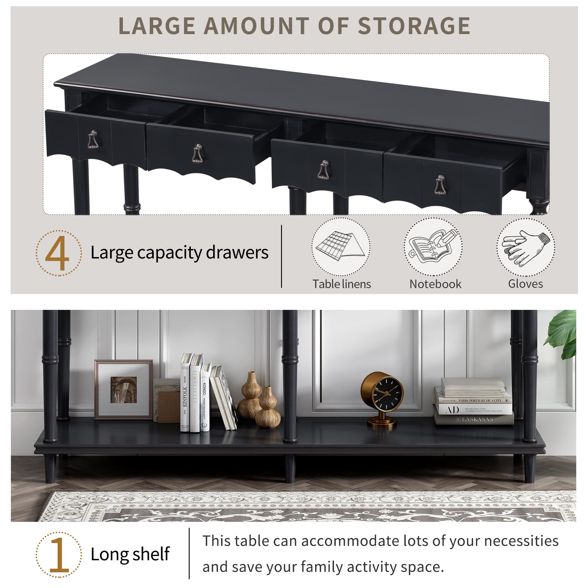 Fuhomtre Modern Console Table with Drawers, Sofa Table, Black Wood Entryway Table, for Couch Hallway Living Room Bedroom Foyer with 4 Front Facing Storage Drawers and 1 Sh